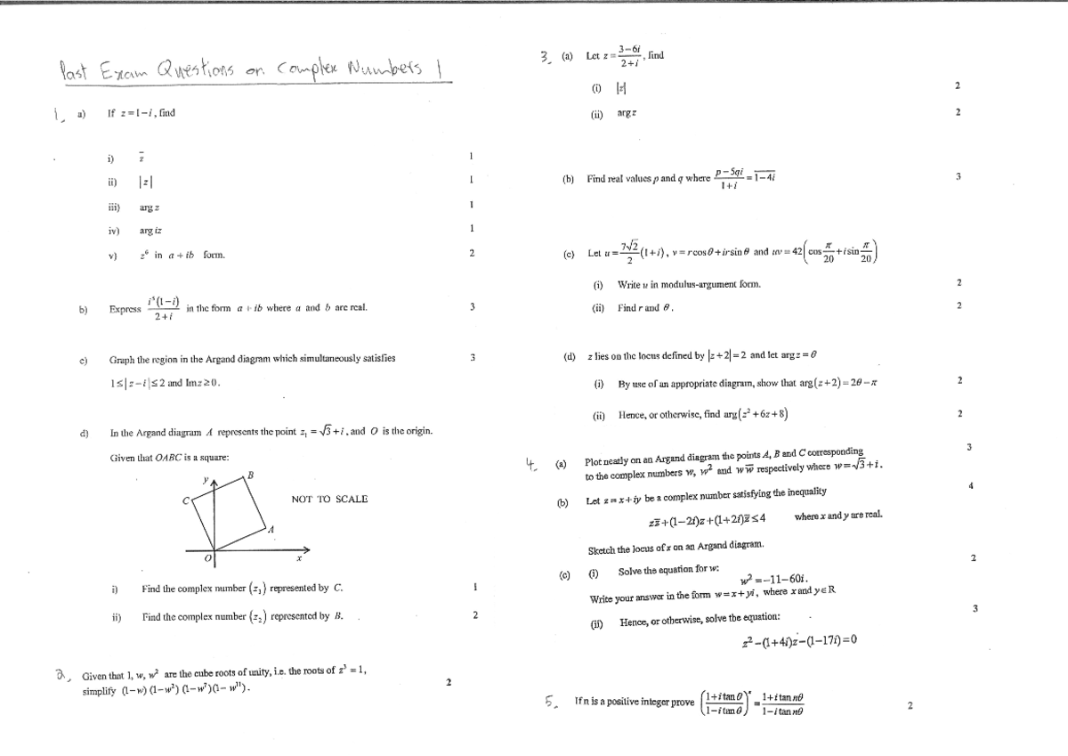 Past Exam Questions on Complex Numbers 01 - MATH1021 - Studocu