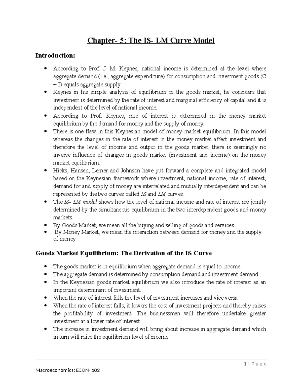 Is Lm Curve Chapter 5 The Is Lm Curve Model Introduction According To Prof J M Keynes