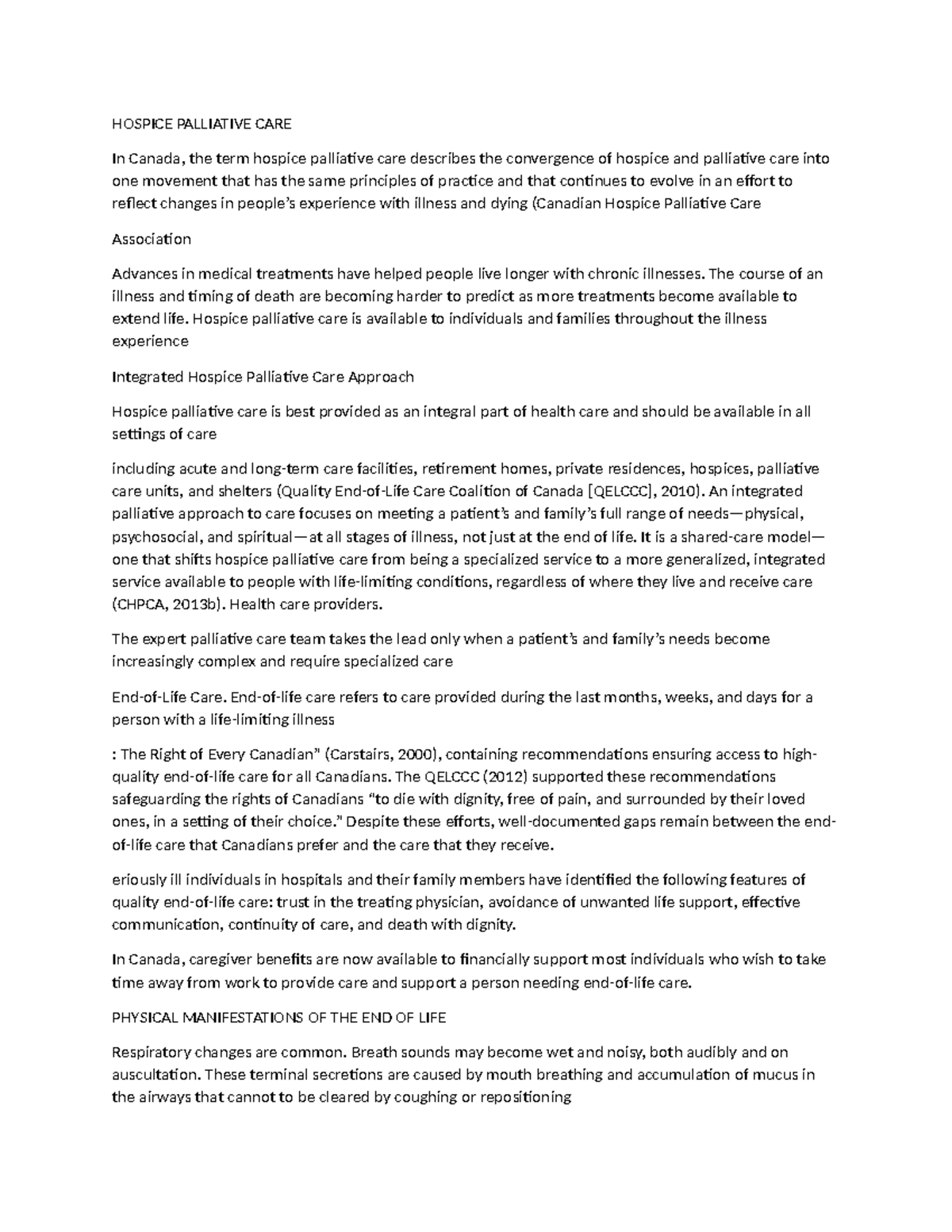 Note Hospice Palliative CARE - HOSPICE PALLIATIVE CARE In Canada, the ...