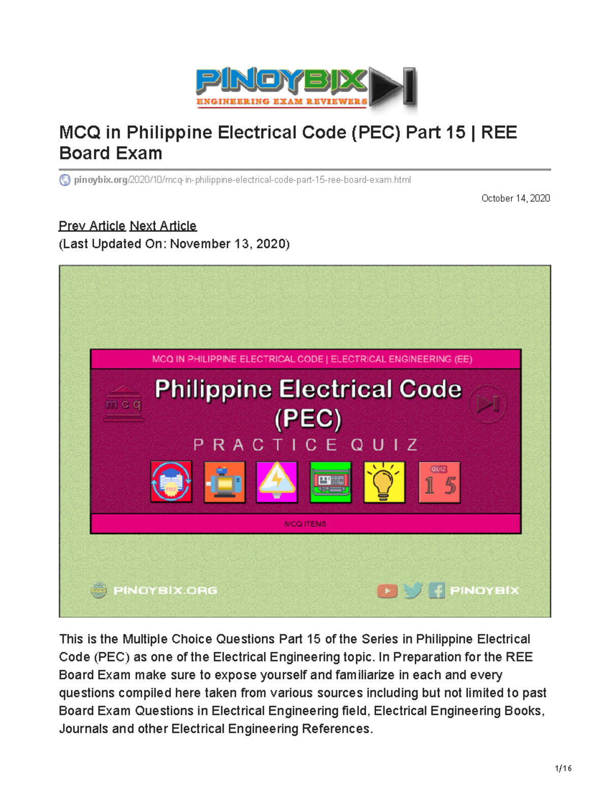 15pinoybix.org-MCQ in Philippine Electrical Code PEC Part 15 REE Board ...