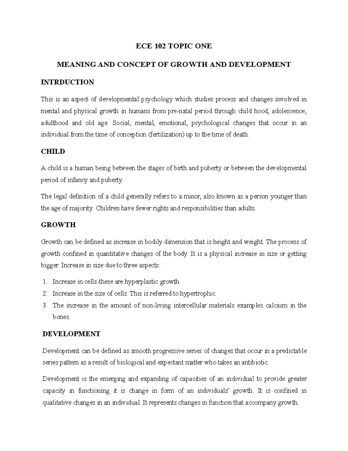 ECE 102 Topic 1 - ECE 102 TOPIC ONE MEANING AND CONCEPT OF GROWTH AND ...