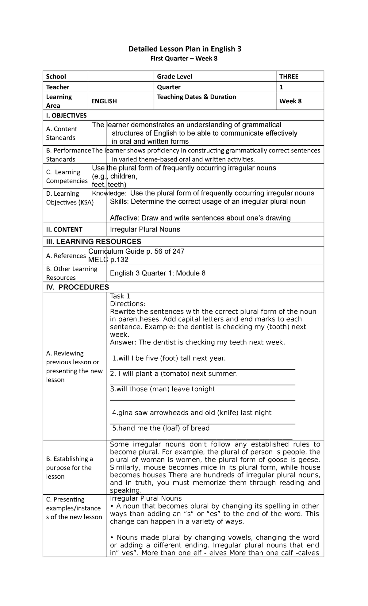 Week 8 - ENGLISH LESSON PLAN - Detailed Lesson Plan in English 3 First ...