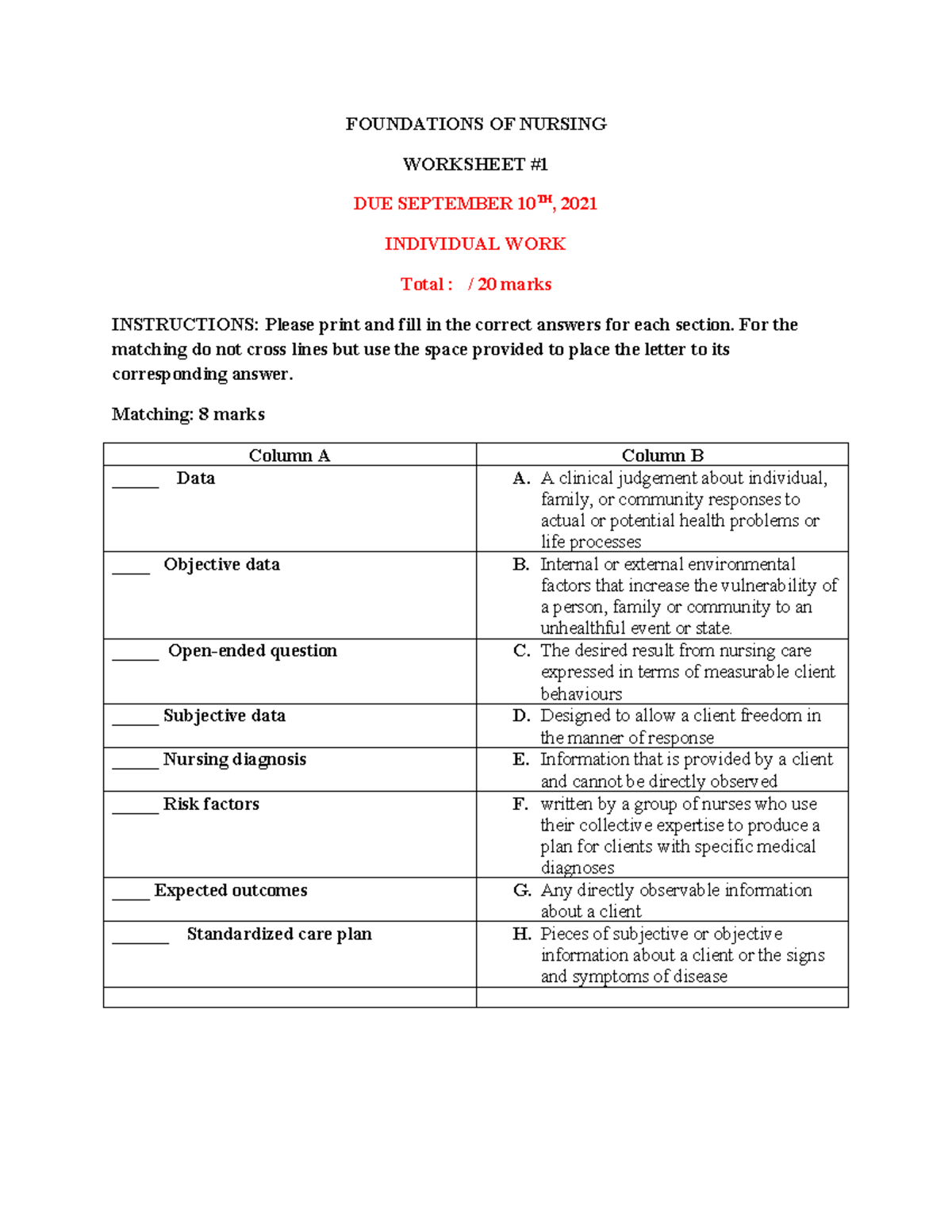 Foundations OF Nursing worksheet 1 - FOUNDATIONS OF NURSING WORKSHEET ...