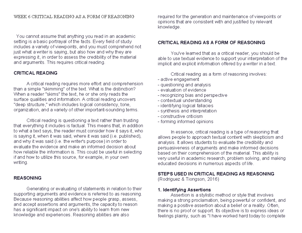 WEEK 6 Critical Reading AS A FORM OF Reasoning - WEEK 6 CRITICAL ...