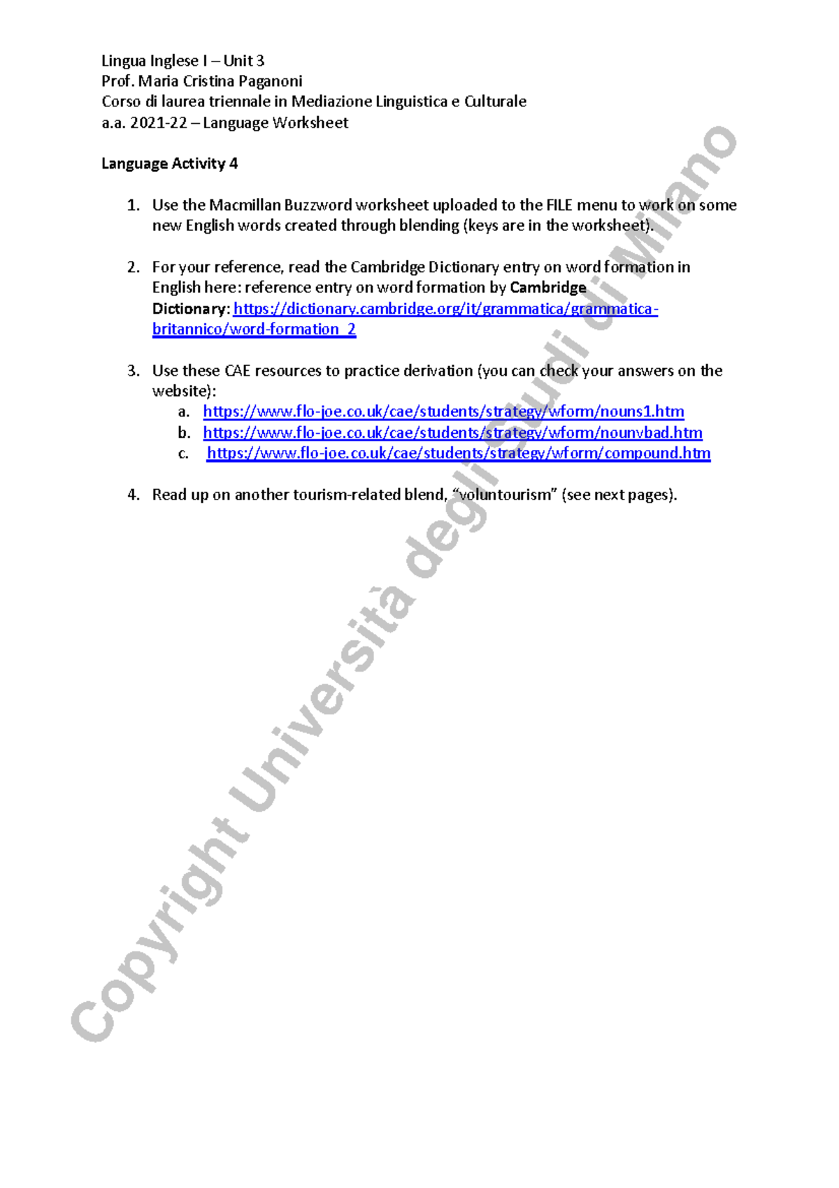 Language Activity 4 - Lingua Inglese I – Unit 3 Prof. Maria Cristina ...