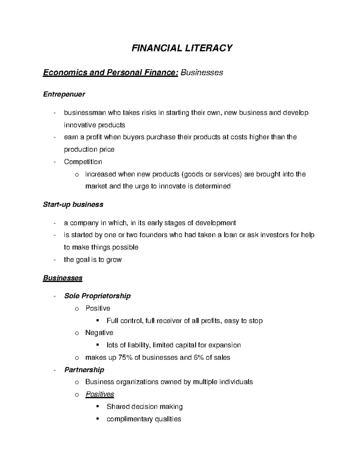 Economics and Personal Finance Businesses - FINANCIAL LITERACY ...