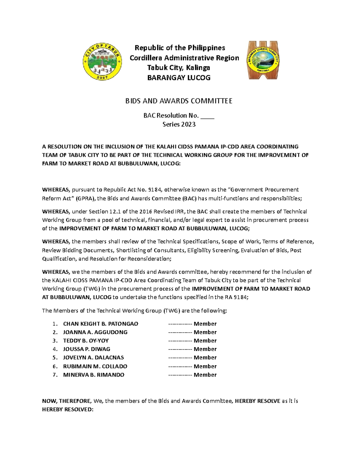 BAC Resolution Lucog - Republic of the Philippines Cordillera Administrative Region Tabuk City ...