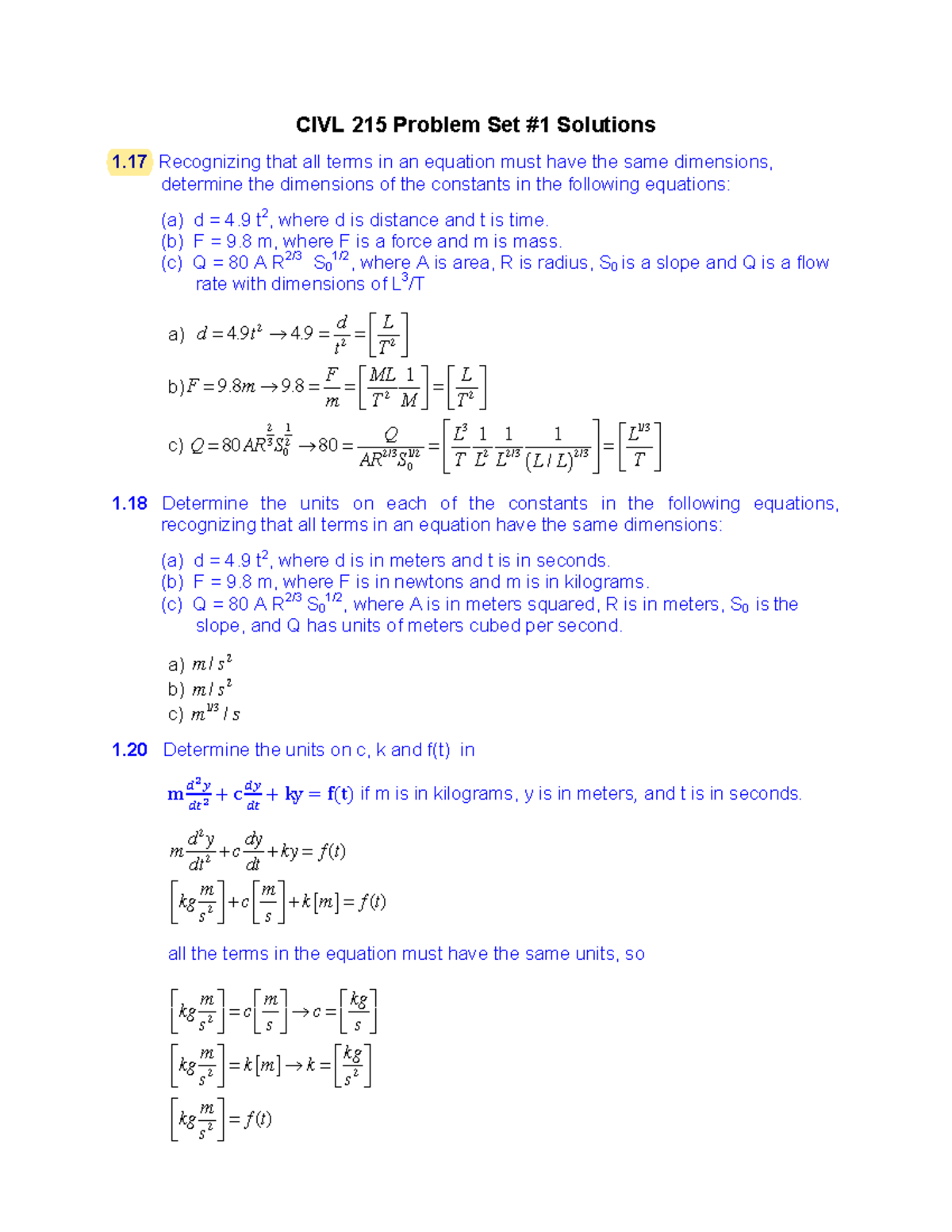 CIVL 215 Problem Set A1 Basic Considerations (solns) 2019 - CIVL 215 Problem Set #1 Solutions 1 ...