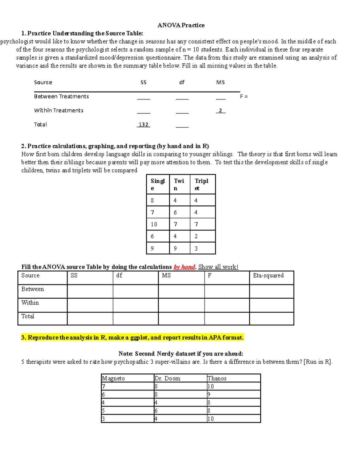 Anova Practice Worksheet - ANOVA Practice 1. Practice Understanding the Source Table ...