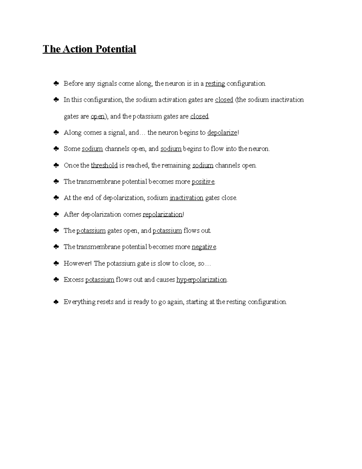 Action Potential Steps Worksheet KEY - The Action Potential Before any ...