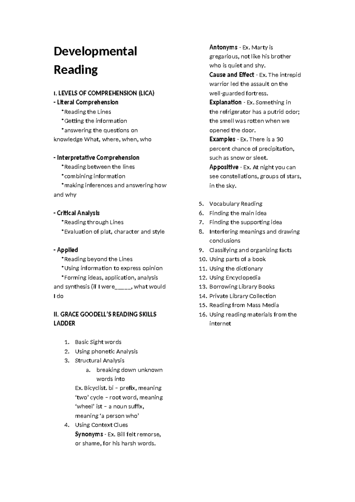 Developmental Reading - LEVELS OF COMPREHENSION (LICA) - Literal ...