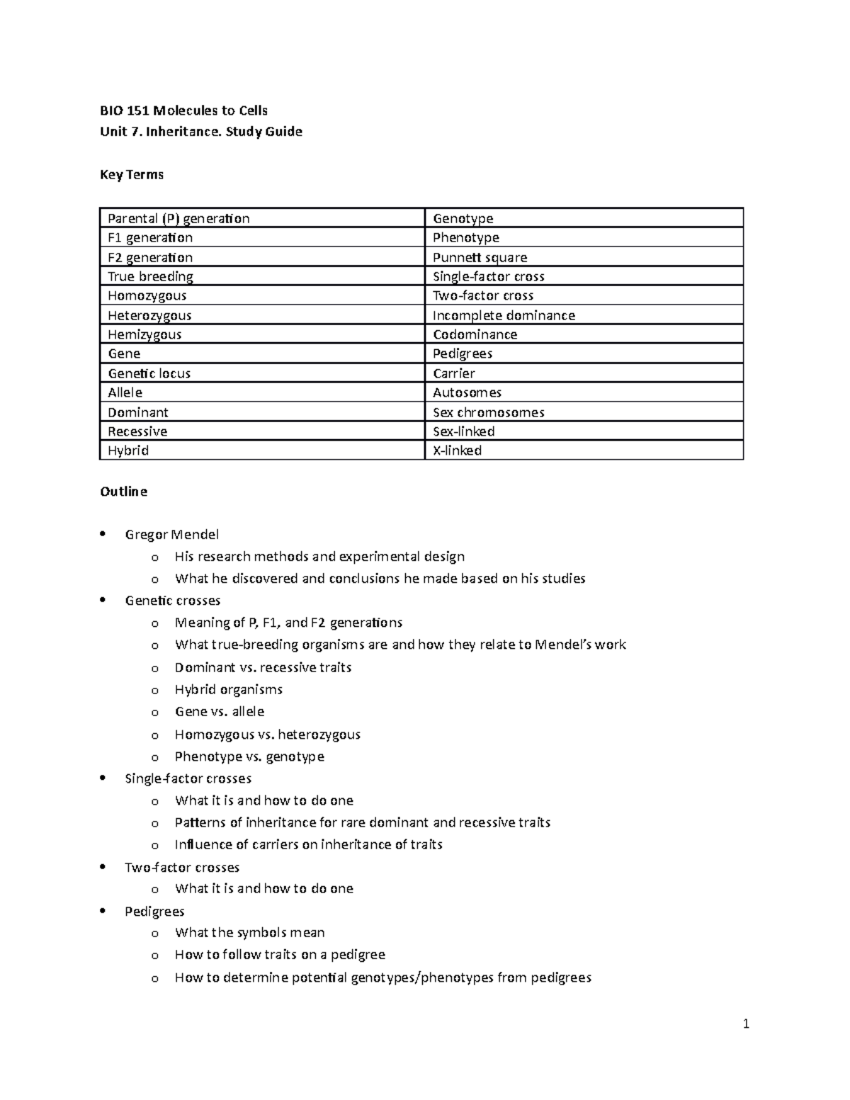 BIO151 Unit 7. Inheritance Study Guide - BIO 151 Molecules to Cells Unit 7. Inheritance. Study ...