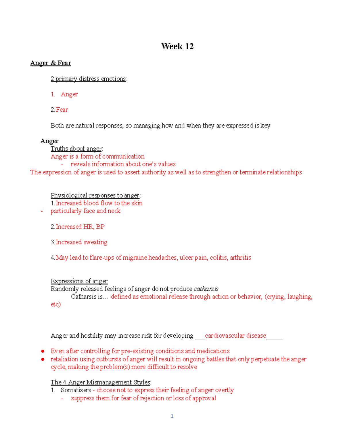 Anger-Fear Notes - Week 12 Anger & Fear 2 primary distress emotions ...