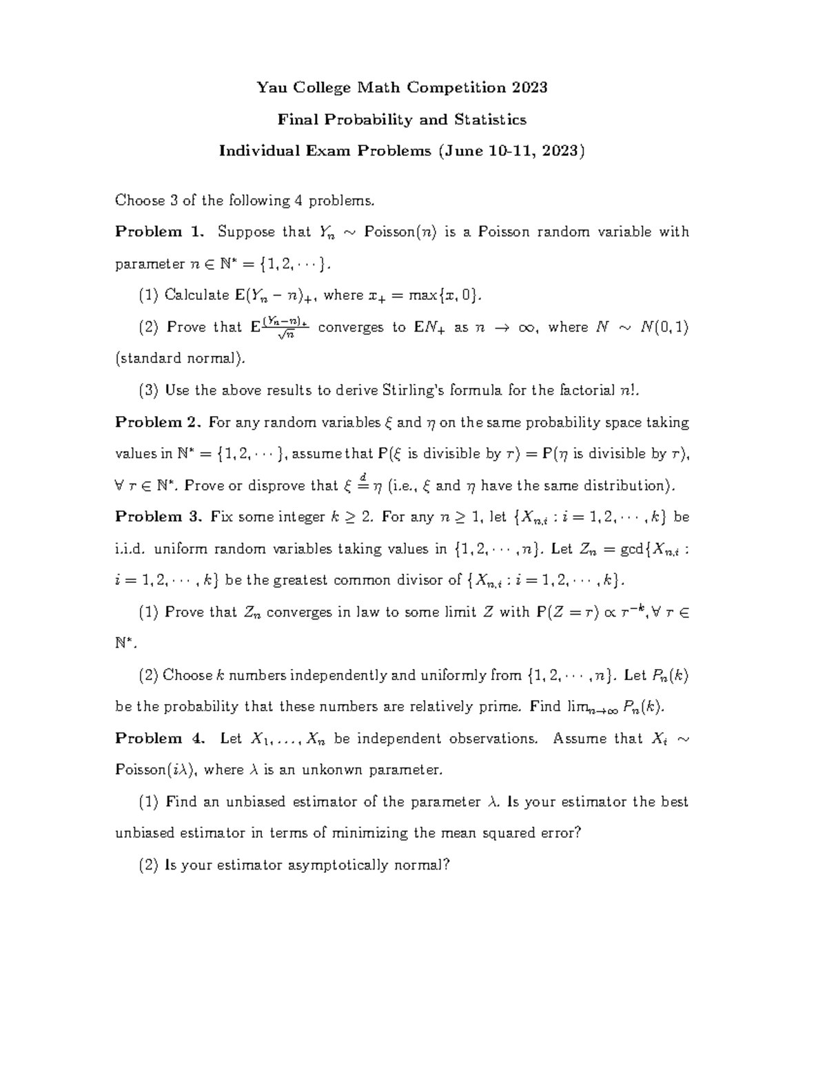 2023 Final Individual (Prob Stat) - Yau College Math Competition 2023 ...
