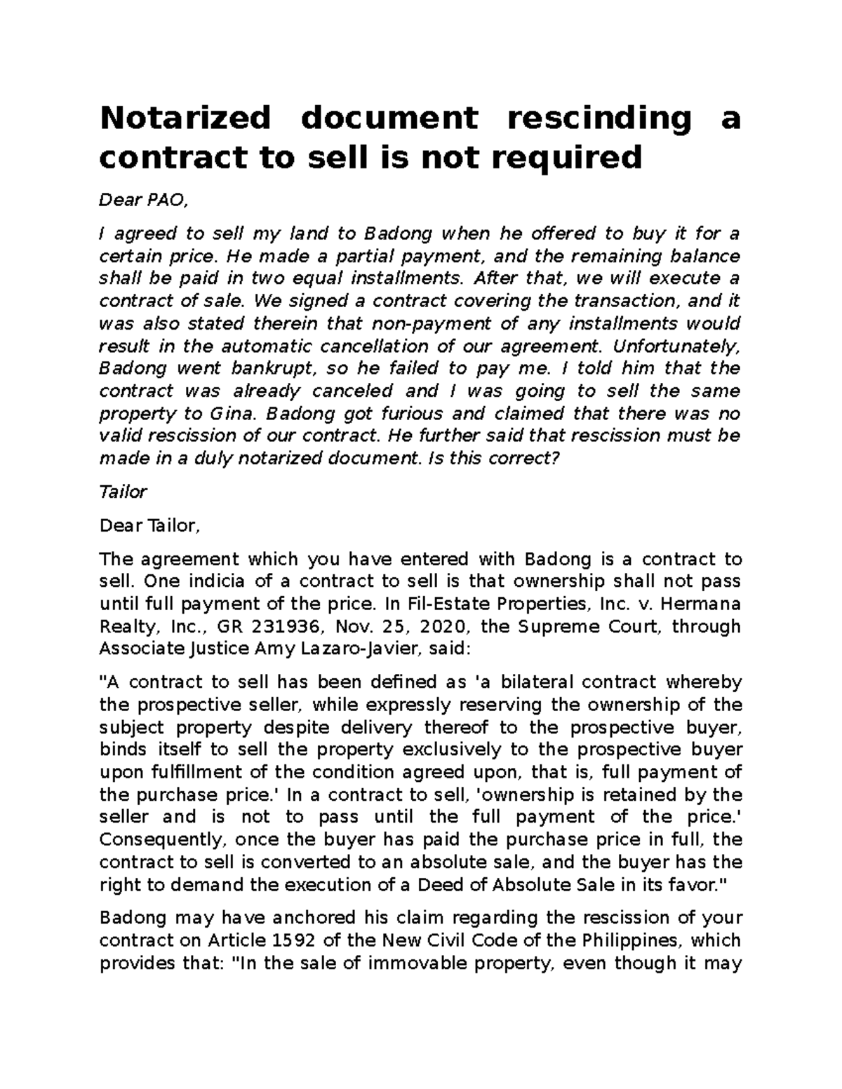 PAO Notarized document rescinding a contract to sell is not required ...