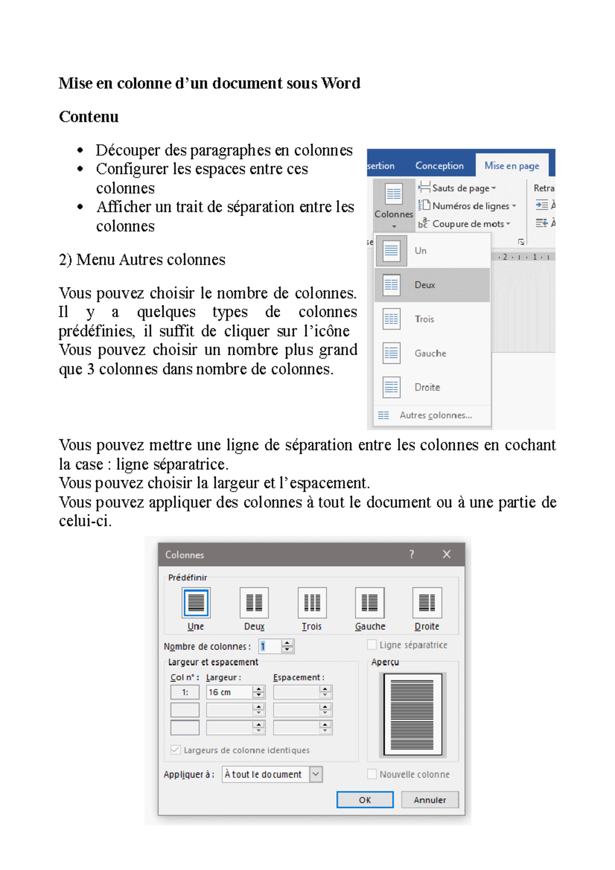 Mise en colonne - Il y a quelques types de colonnes prédéfinies, il ...
