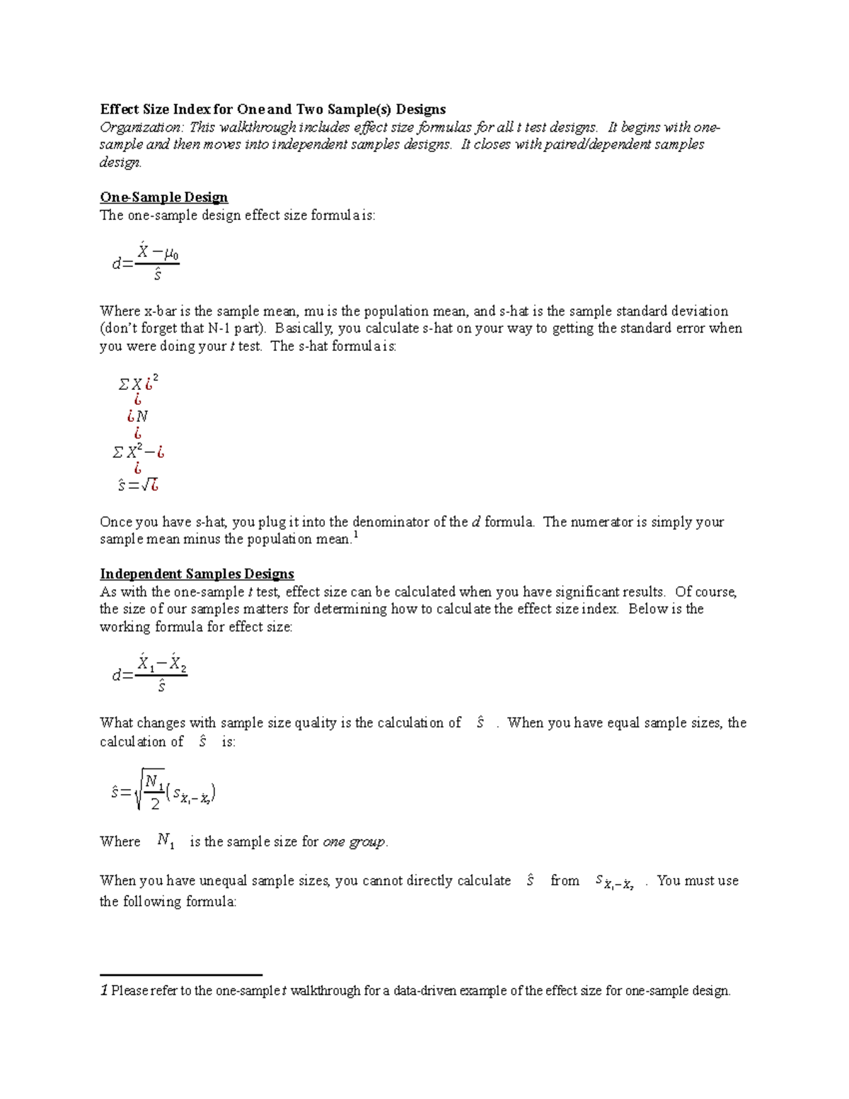 Effect Size for One and Two Sample(s) Designs - Effect Size Index for ...