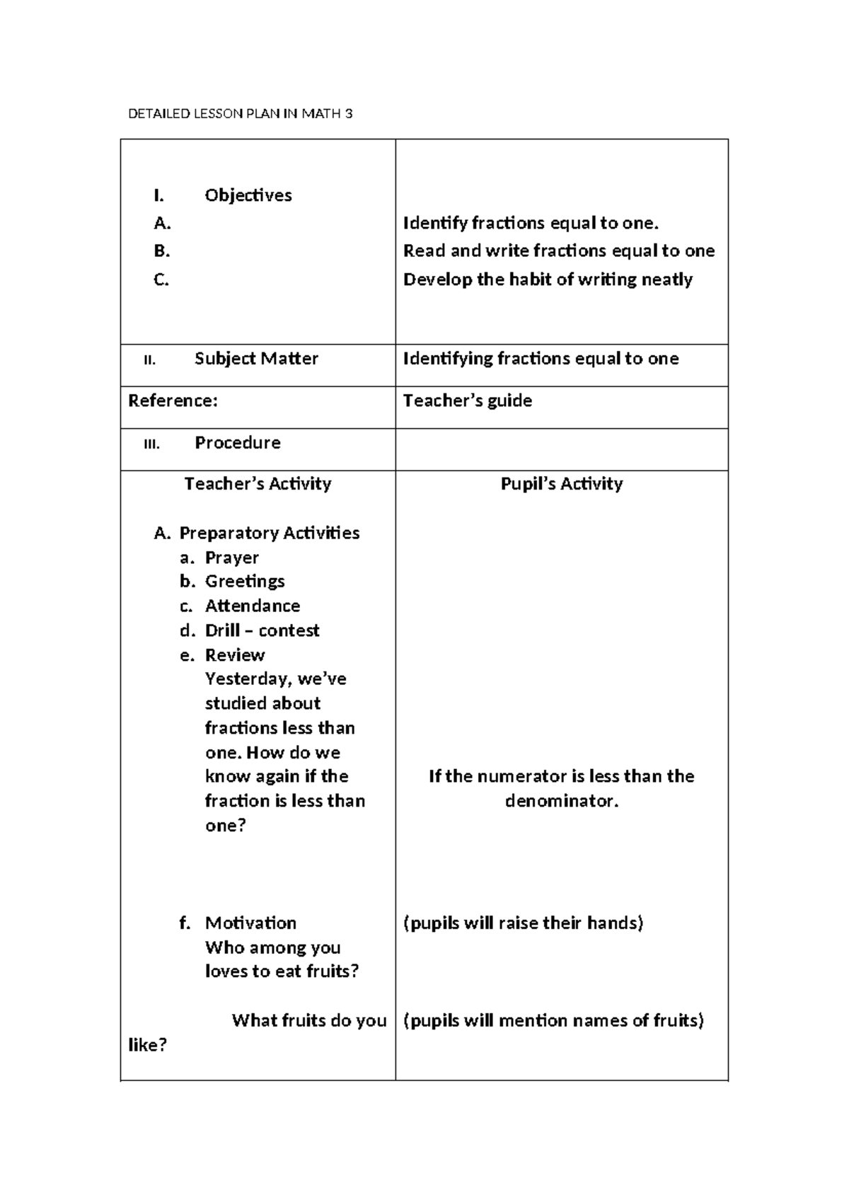 Fraction Equal TO 1 - DETAILED LESSON PLAN IN MATH 3 I. Objectives A. B ...