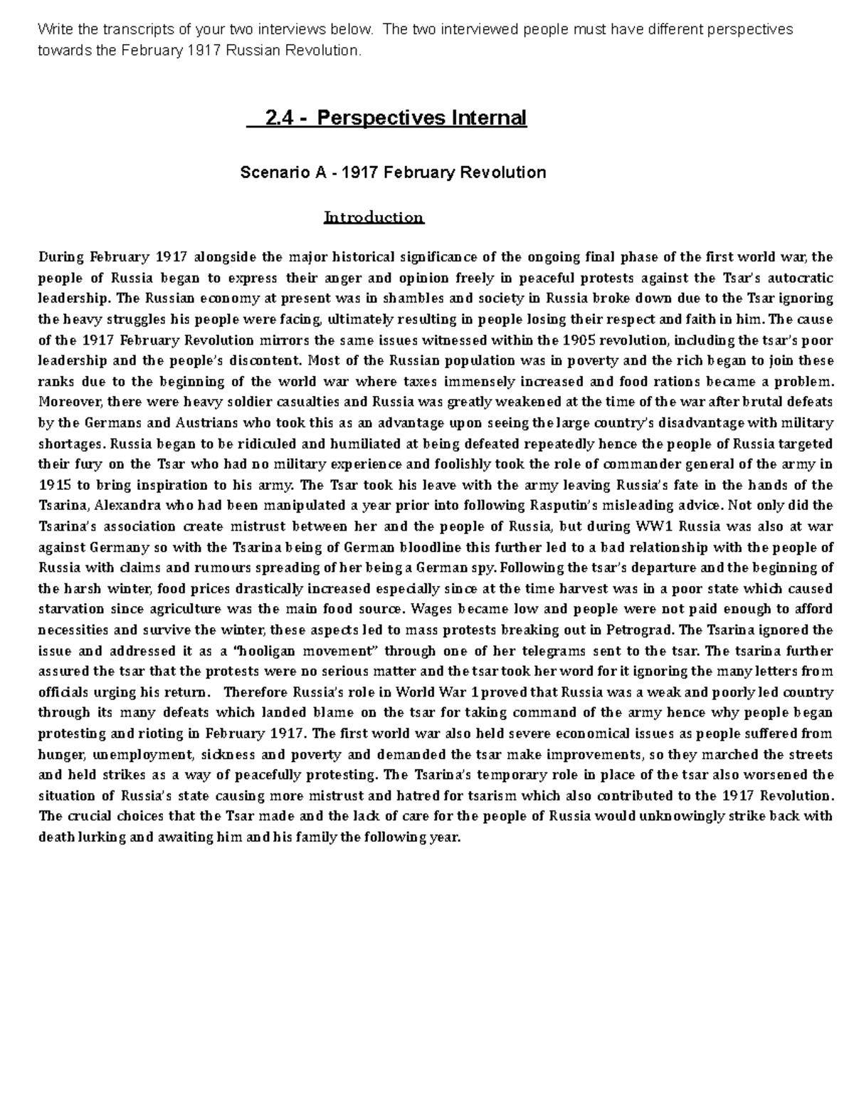 2.4 - Internal Assessment on 1917 Russian Revolution - Write the ...