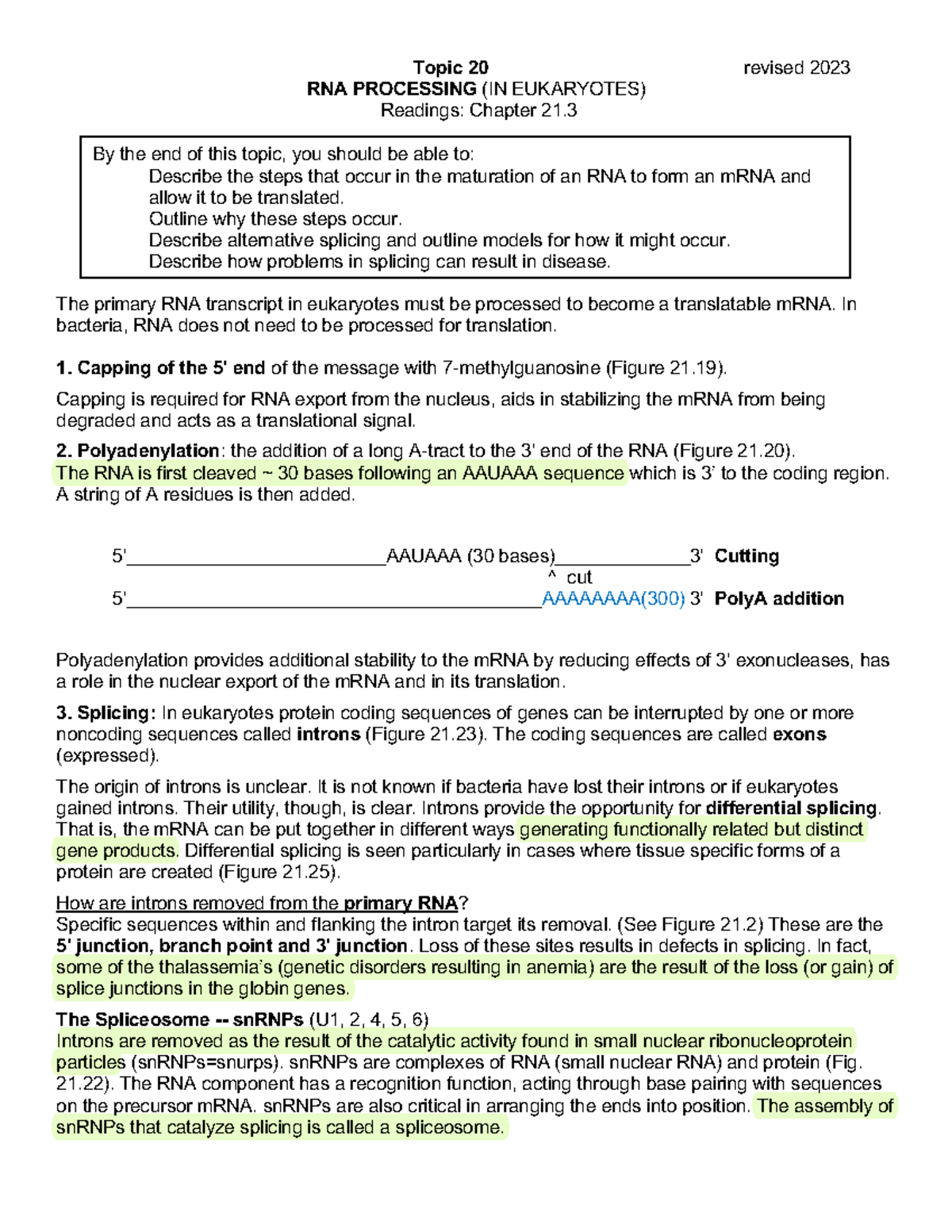 Topic 20 Lecture Notes 23 - Topic 20 revised 20 23 RNA PROCESSING (IN ...