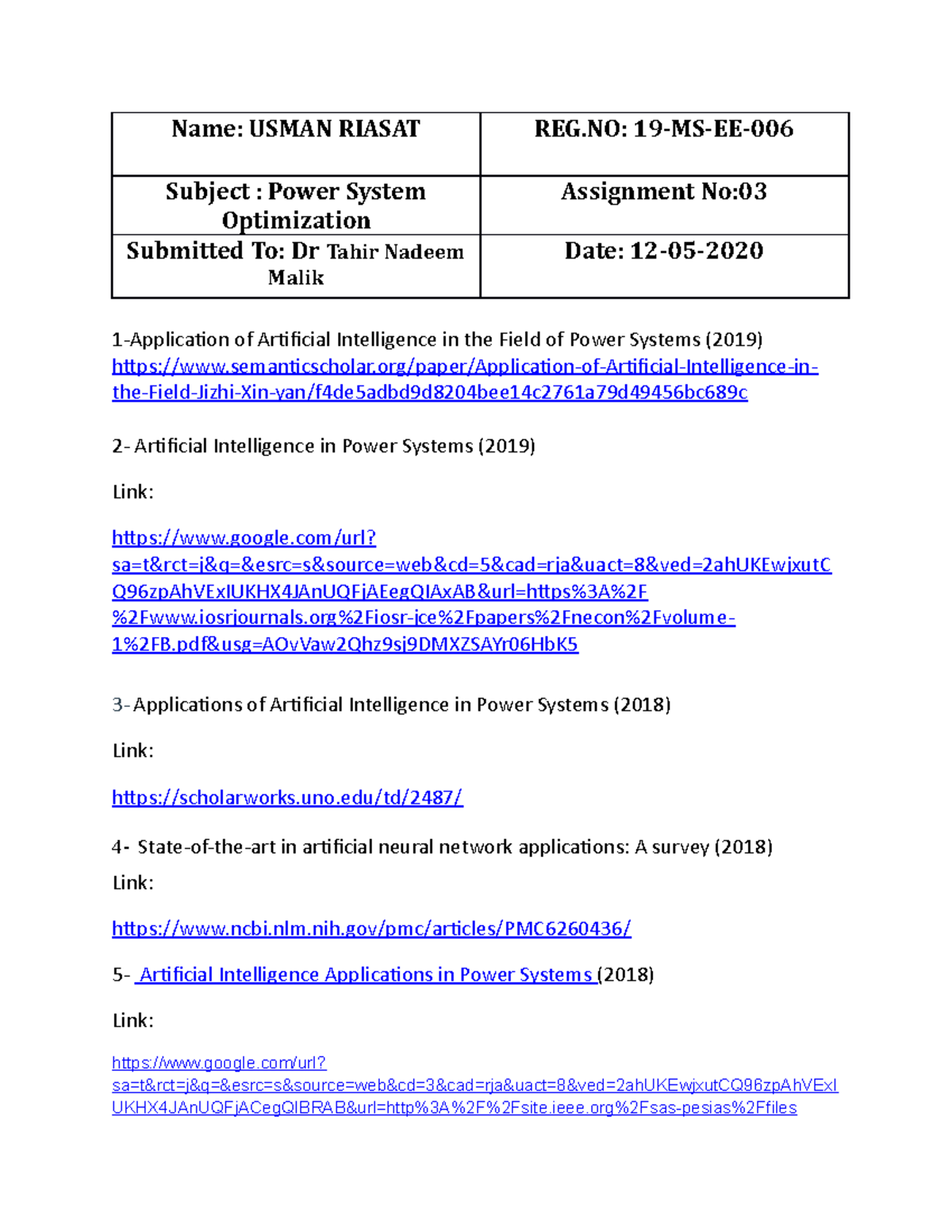 Assignment - power system - Name: USMAN RIASAT REG: 19-MS-EE- Subject ...