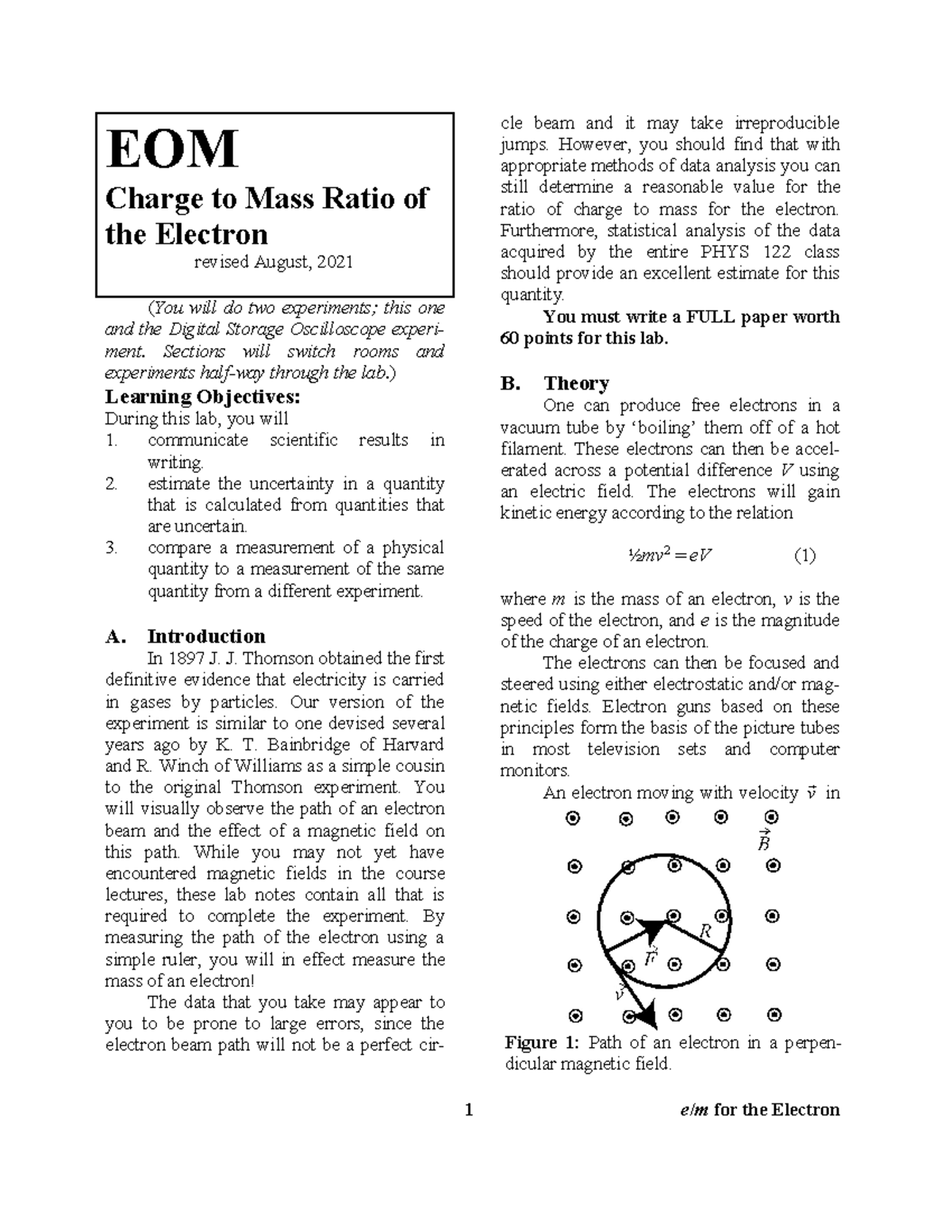 Physics 122 Lab on the Charge to mass ratio of an electron - EOM Charge ...
