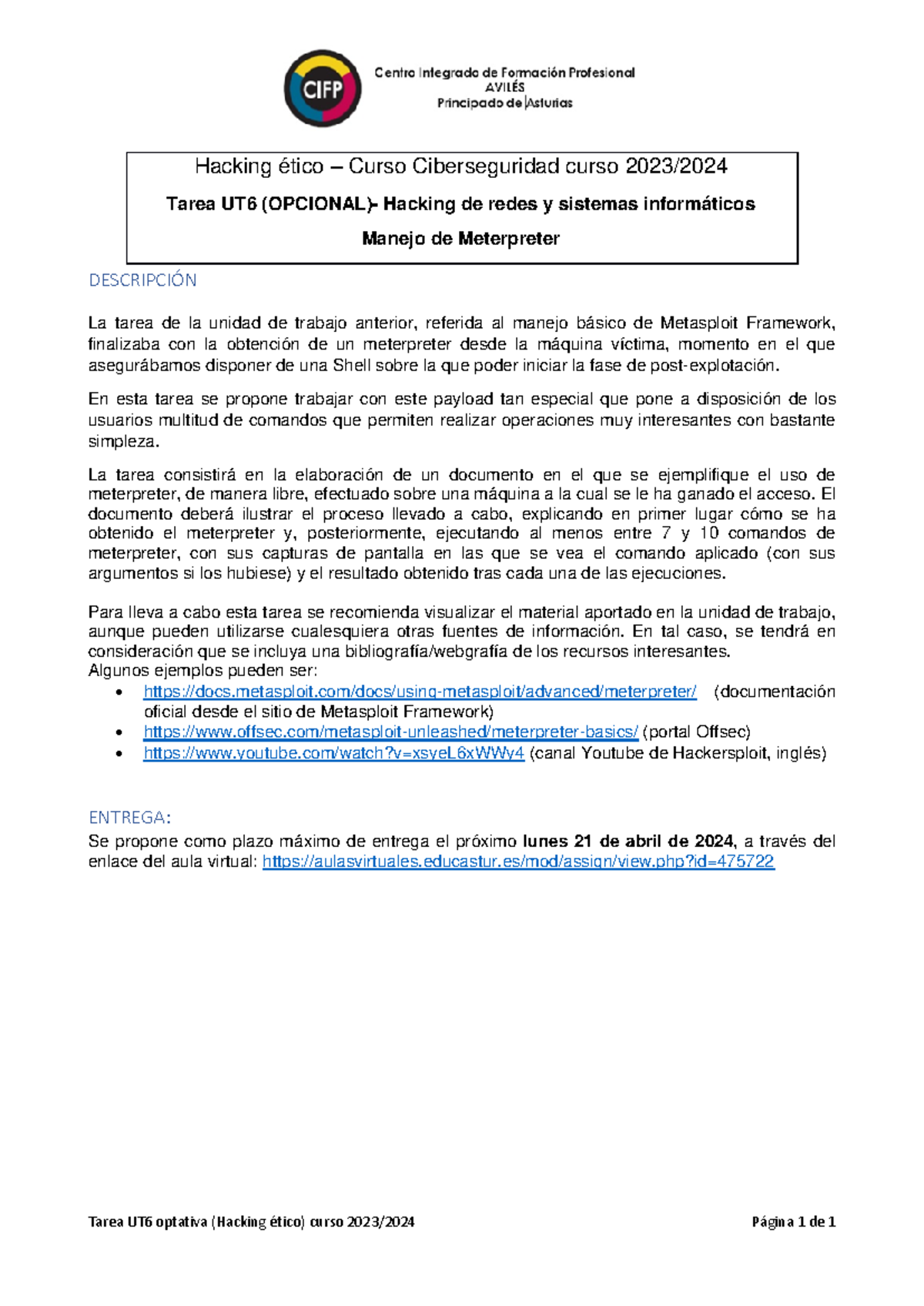 Tarea UT6Opcional HE - Tarea UT6 optativa (Hacking ético) curso 202 3 /202 4 Página 1 de 1 ...
