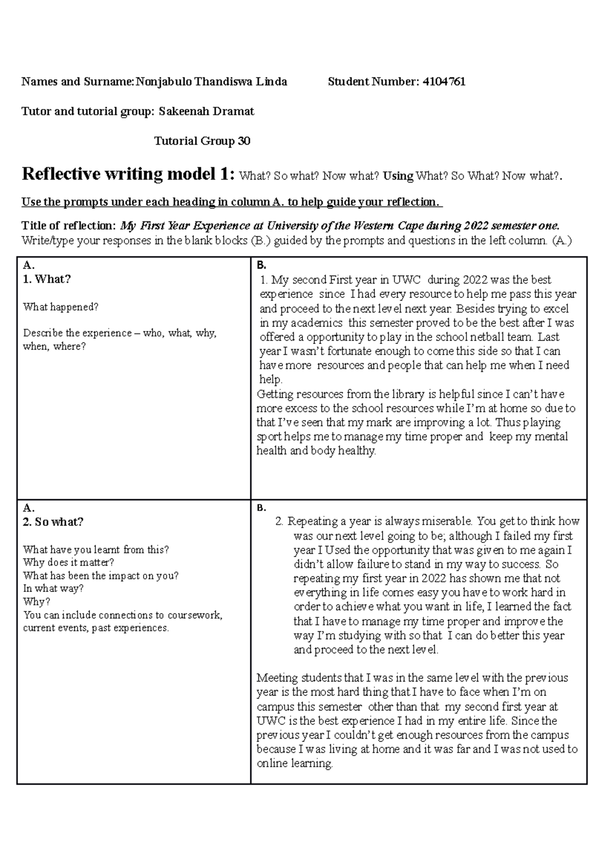 Reflective Writing Task 1 and 2 2022 - Names and Surname:Nonjabulo ...
