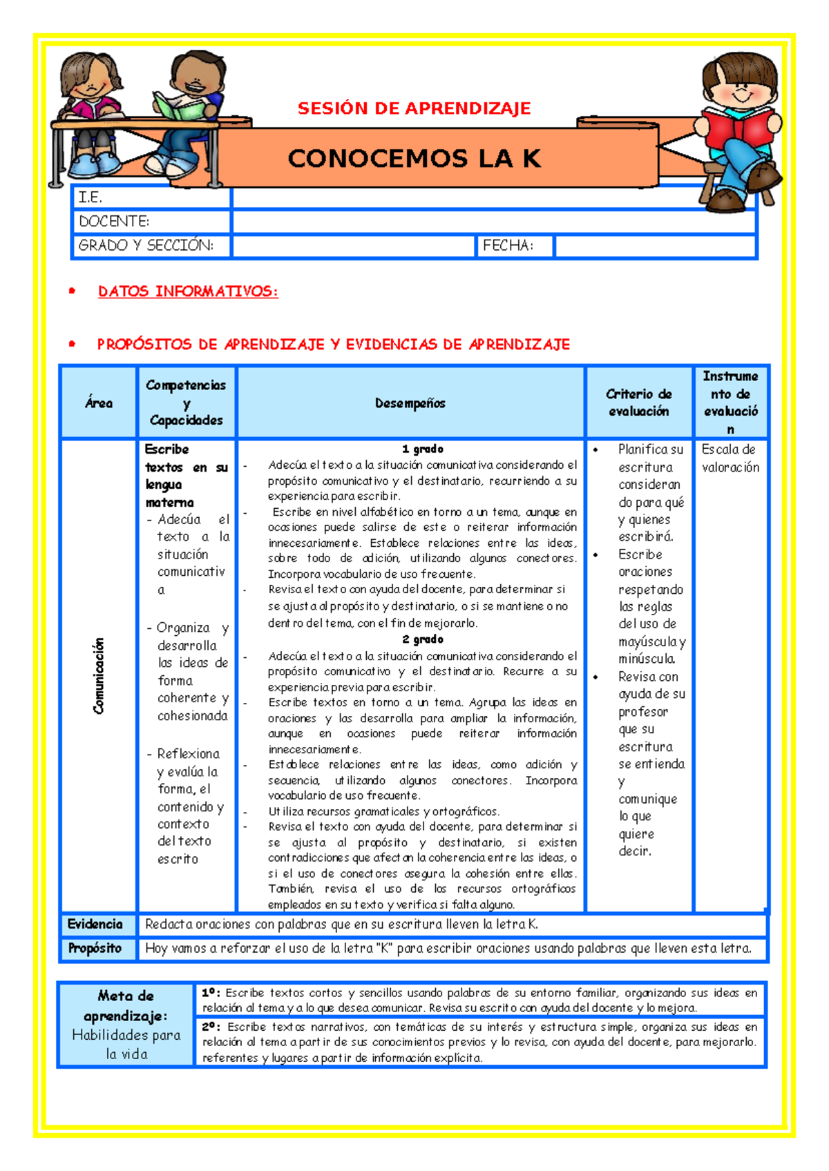 18 Sesión Letra K - SESION - SESIÓN DE APRENDIZAJE I. DOCENTE: GRADO Y ...
