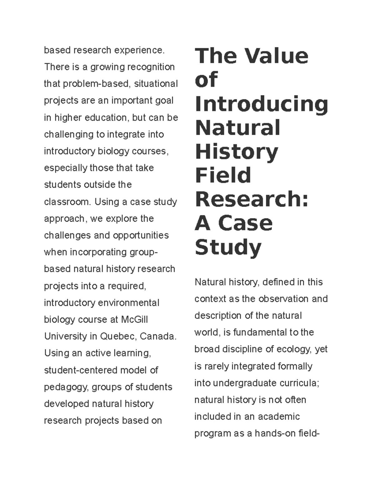 The Value of Introducing Natural History Field Research - The Value of ...