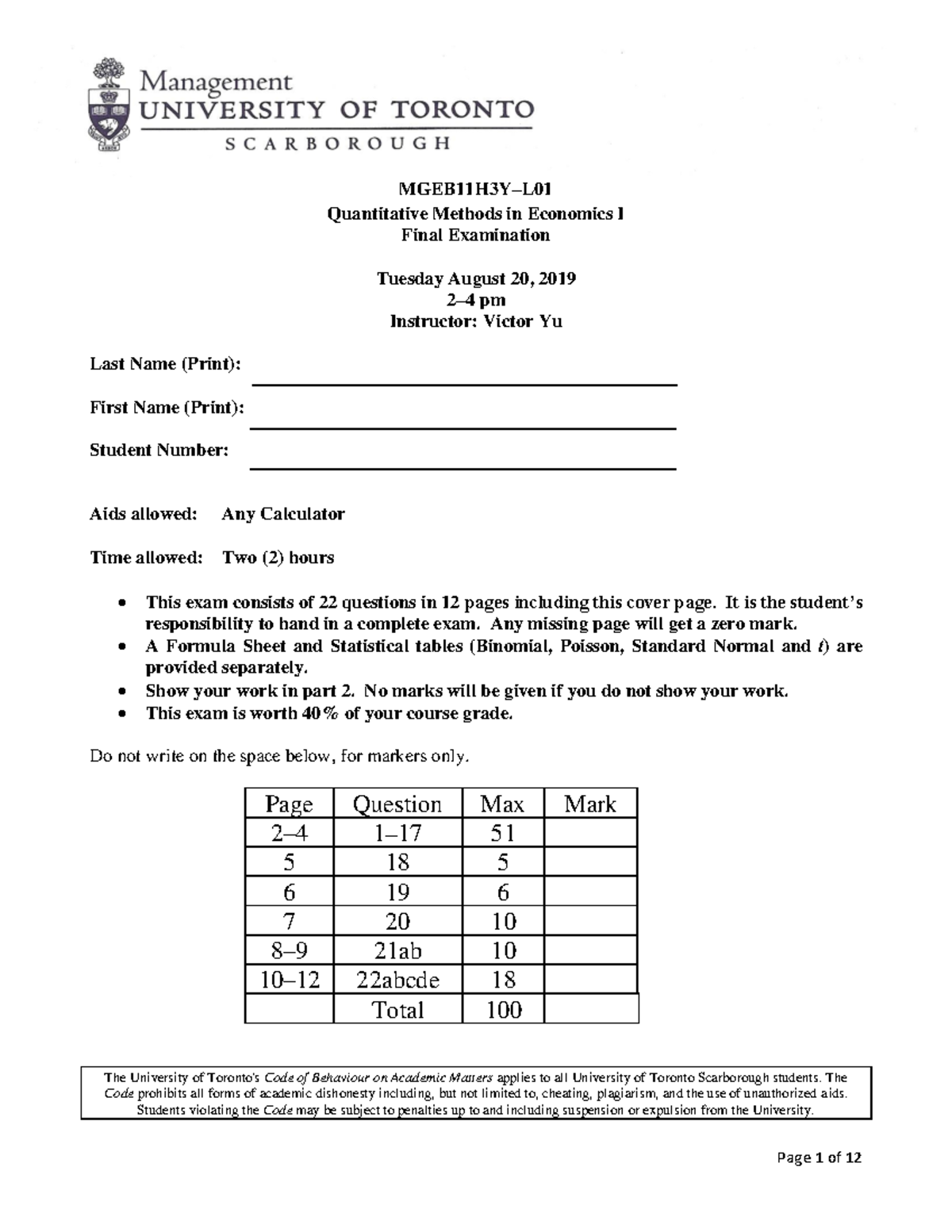 2019-08-20 Final - Paper - MGEB11H3Y–L 01 Quantitative Methods in ...