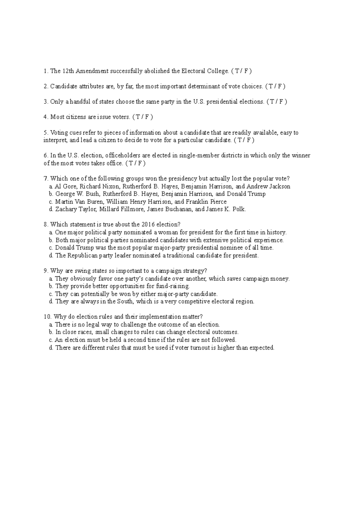 7th Quiz - Quiz Answers - The 12th Amendment successfully abolished the ...