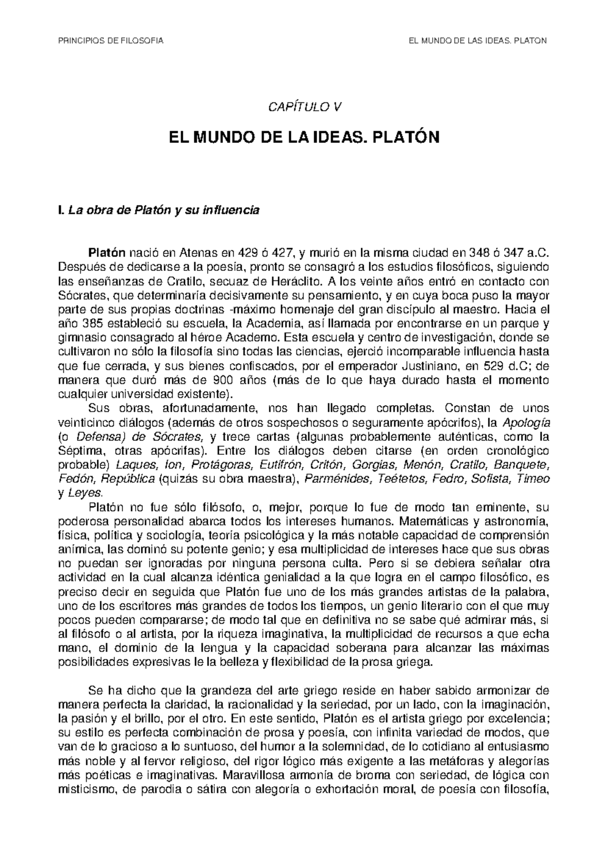 Platon 5 A - filosofia - CAPÍTULO V EL MUNDO DE LA IDEAS. PLATÓN I. La ...