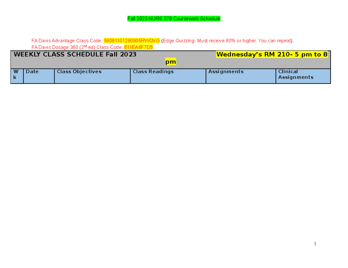 WAU NURS 378 FA 2023 Weekly Class Schedule - FA Davis Advantage Class ...