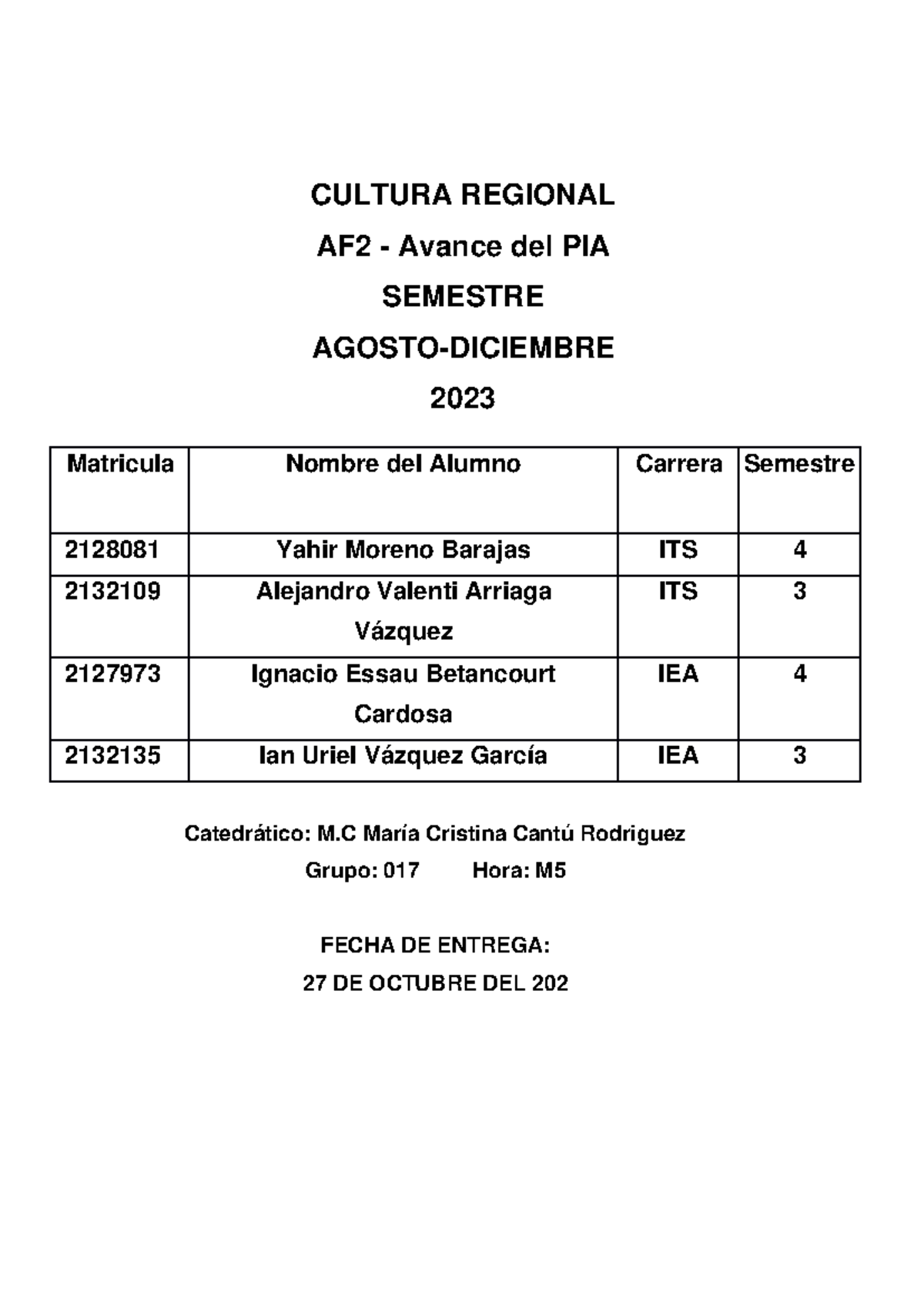 Actividad Reporte Avance PIA-1 - CULTURA REGIONAL AF2 - Avance del PIA ...