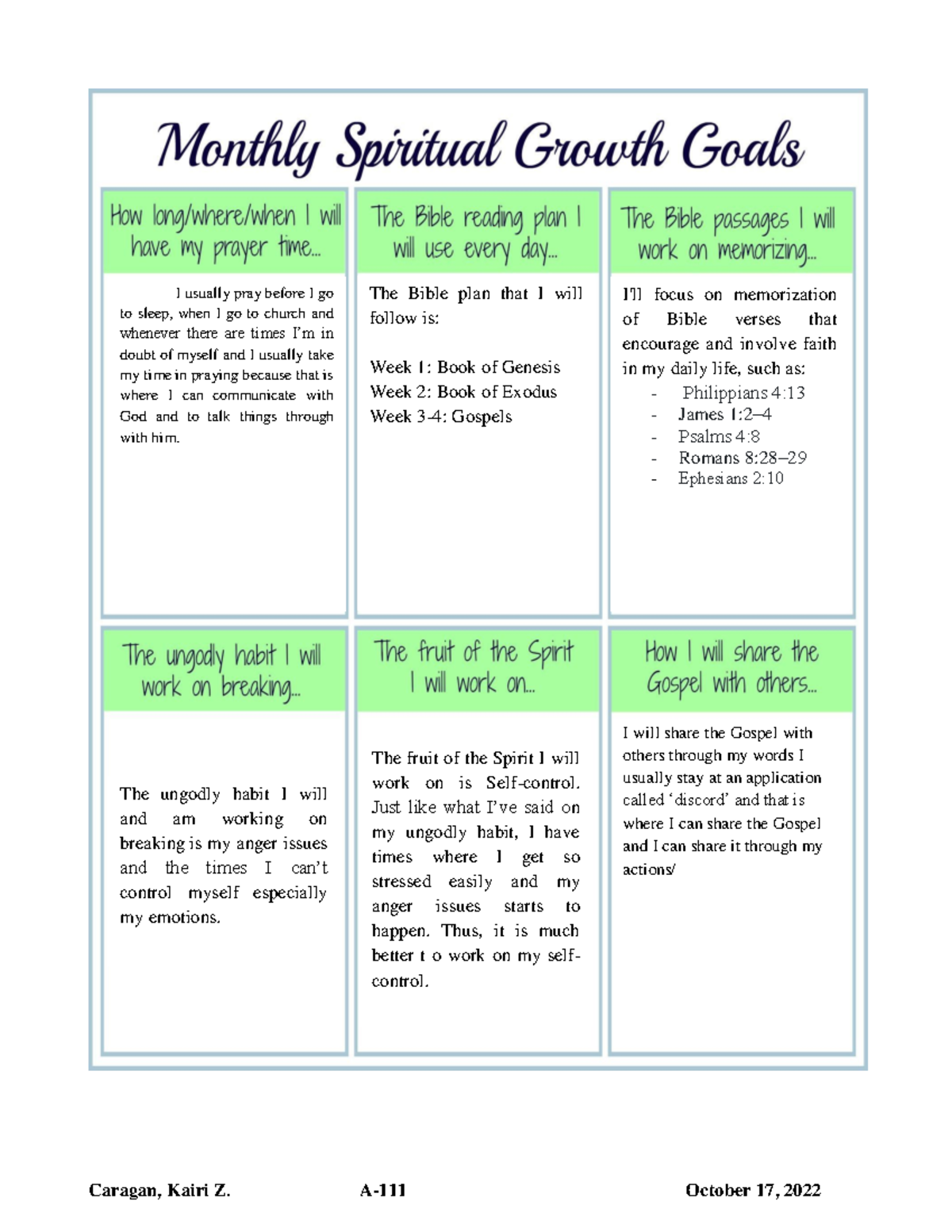 Monthly Spiritual Growth Plan Caragan - Caragan, Kairi Z. A-111 October ...