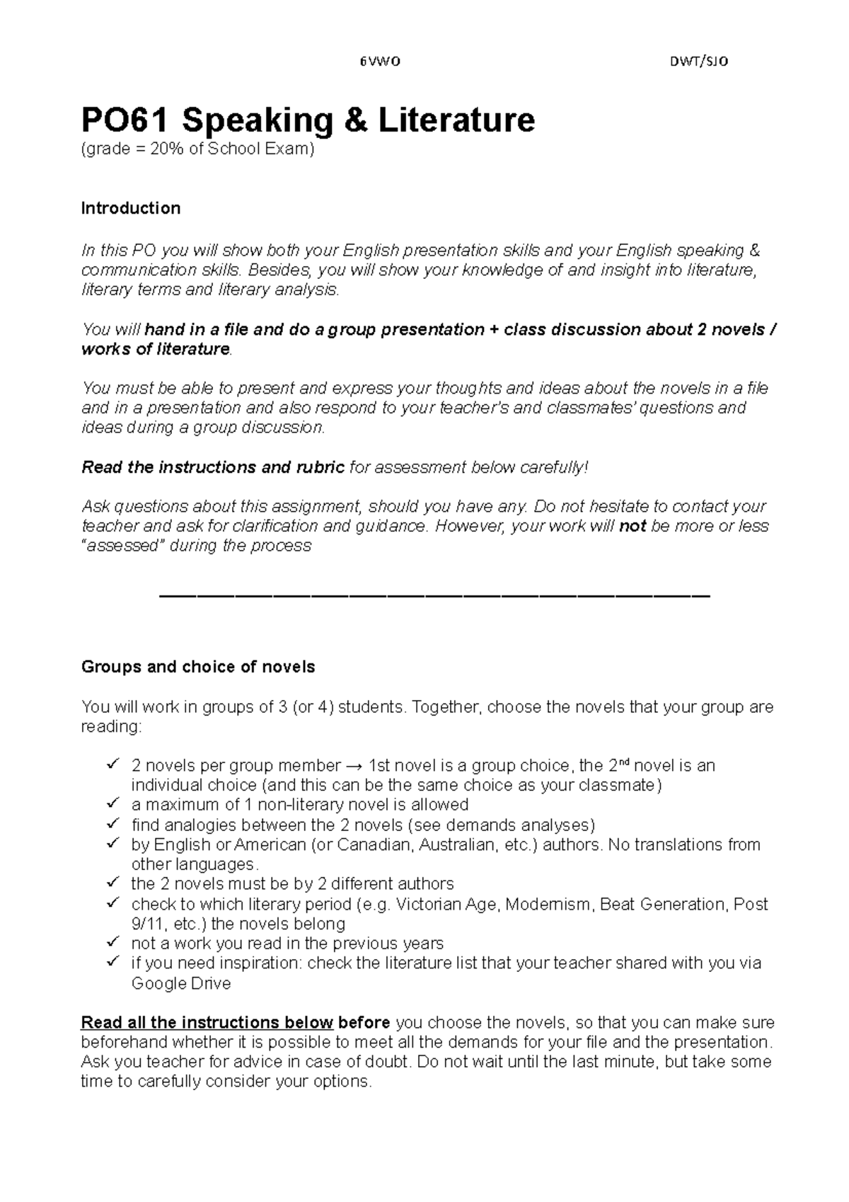 Information PO61 Speaking - 6VWO DWT/SJO PO61 Speaking & Literature ...