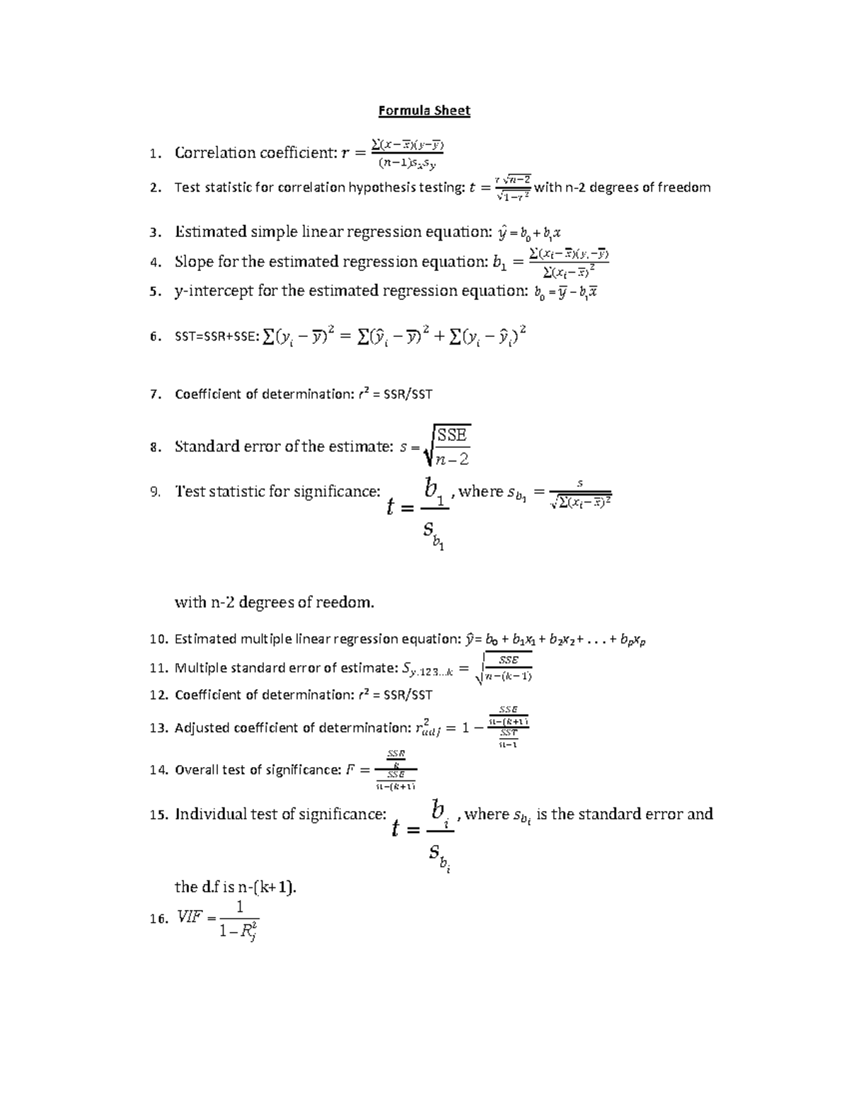 IS 601-Test3-formula sheet - Formula Sheet 1. Correlation coefficient ...