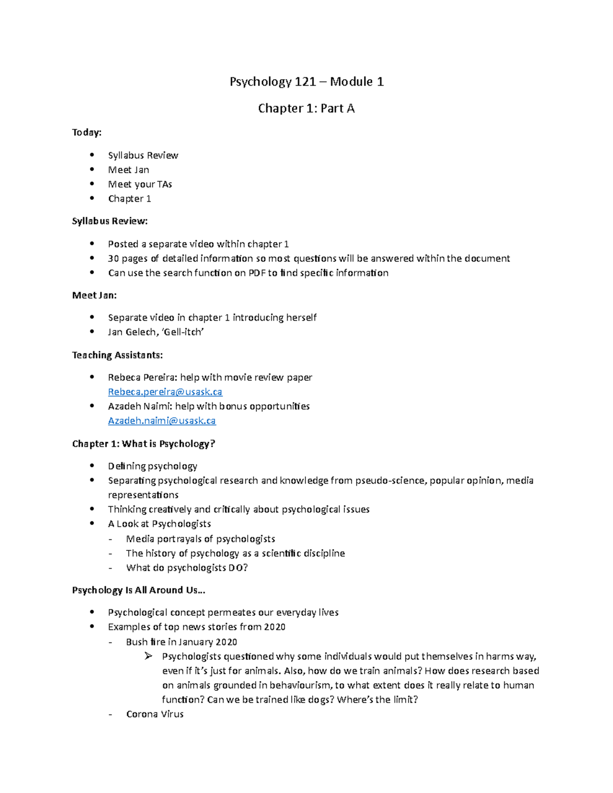 Chapter 1 Lecture Notes - Psychology 121 – Module 1 Chapter 1: Part A ...