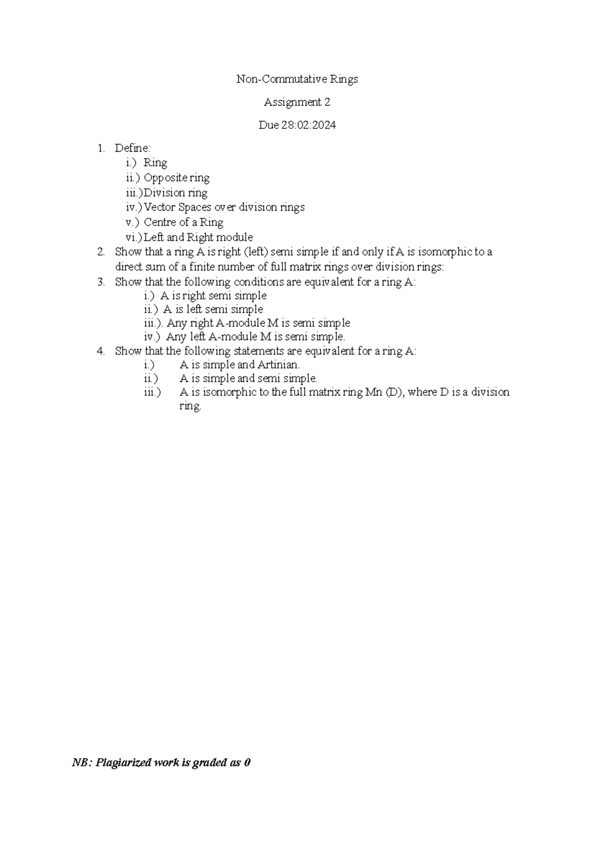 Assignment 2 - Non-Commutative Rings Assignment 2 Due 2 8 :02: Define ...