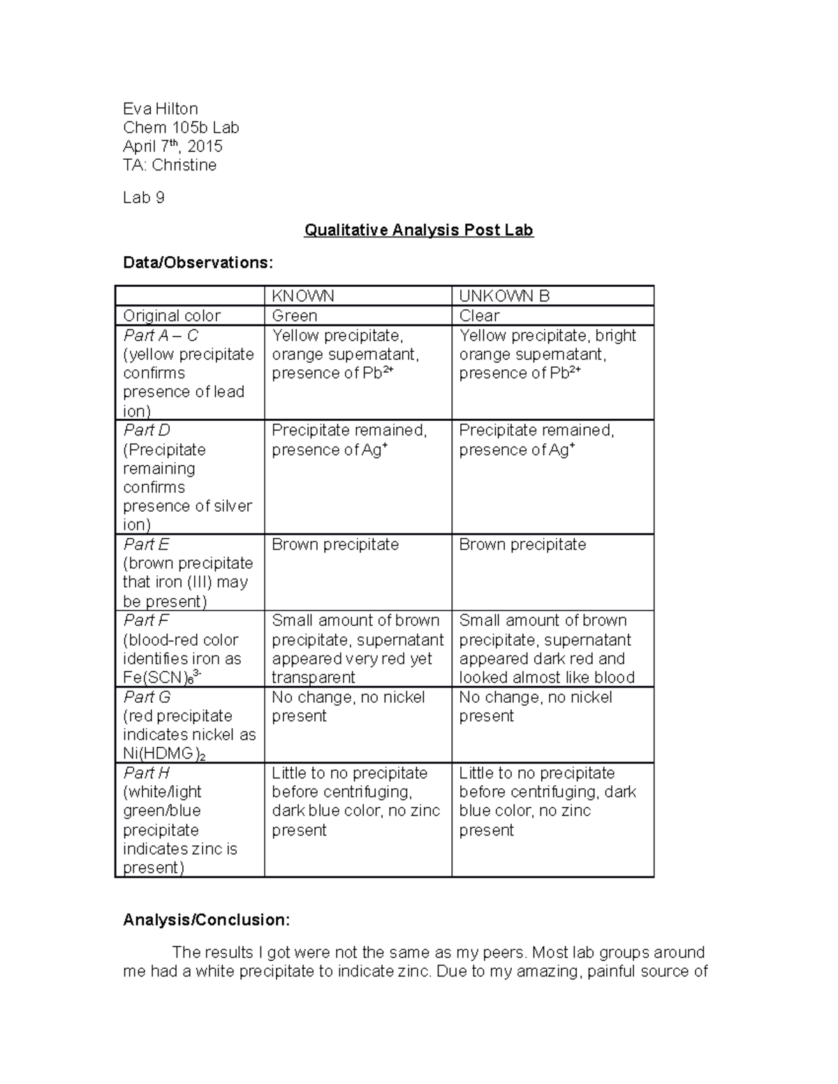 Lab 9 chem 105b qualitative analysis - Eva Hilton Chem 105b Lab April ...