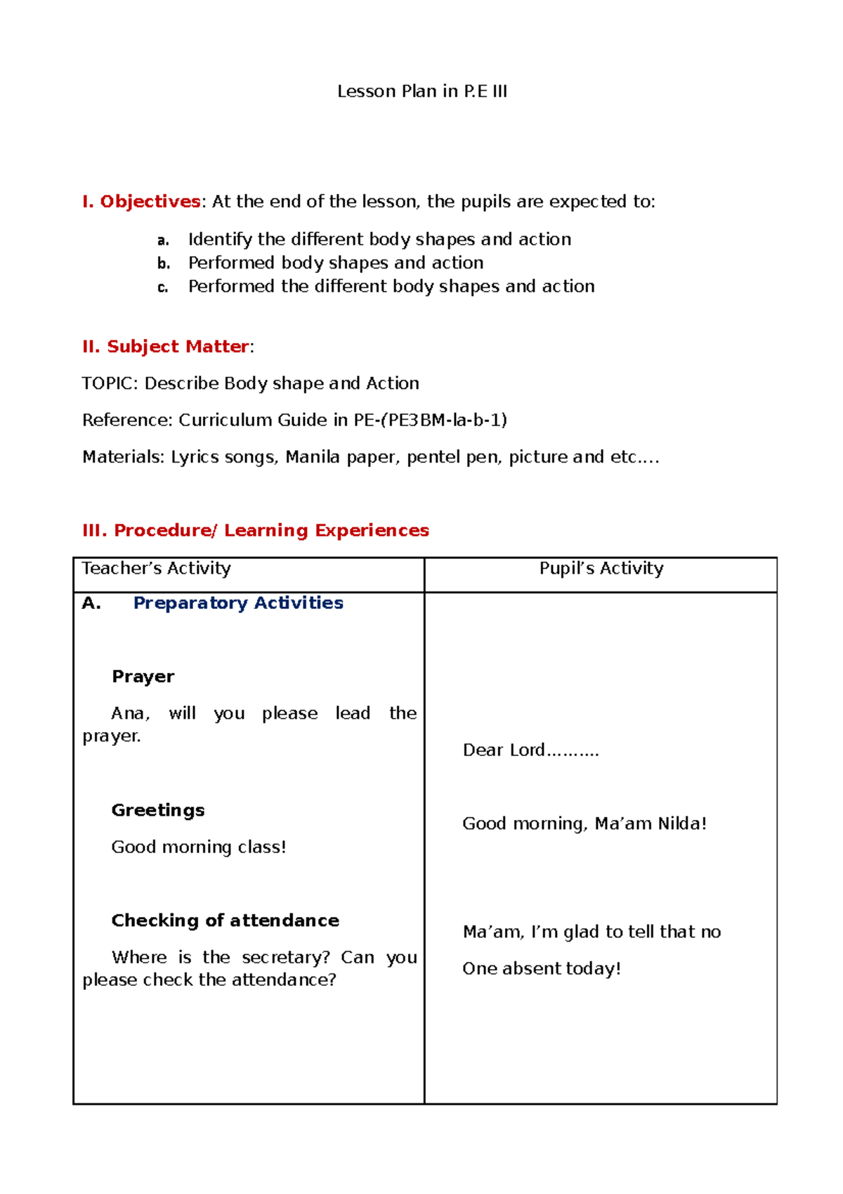 Danivie jaranta lesson plan p.e Grade 3 - Lesson Plan in P III I ...