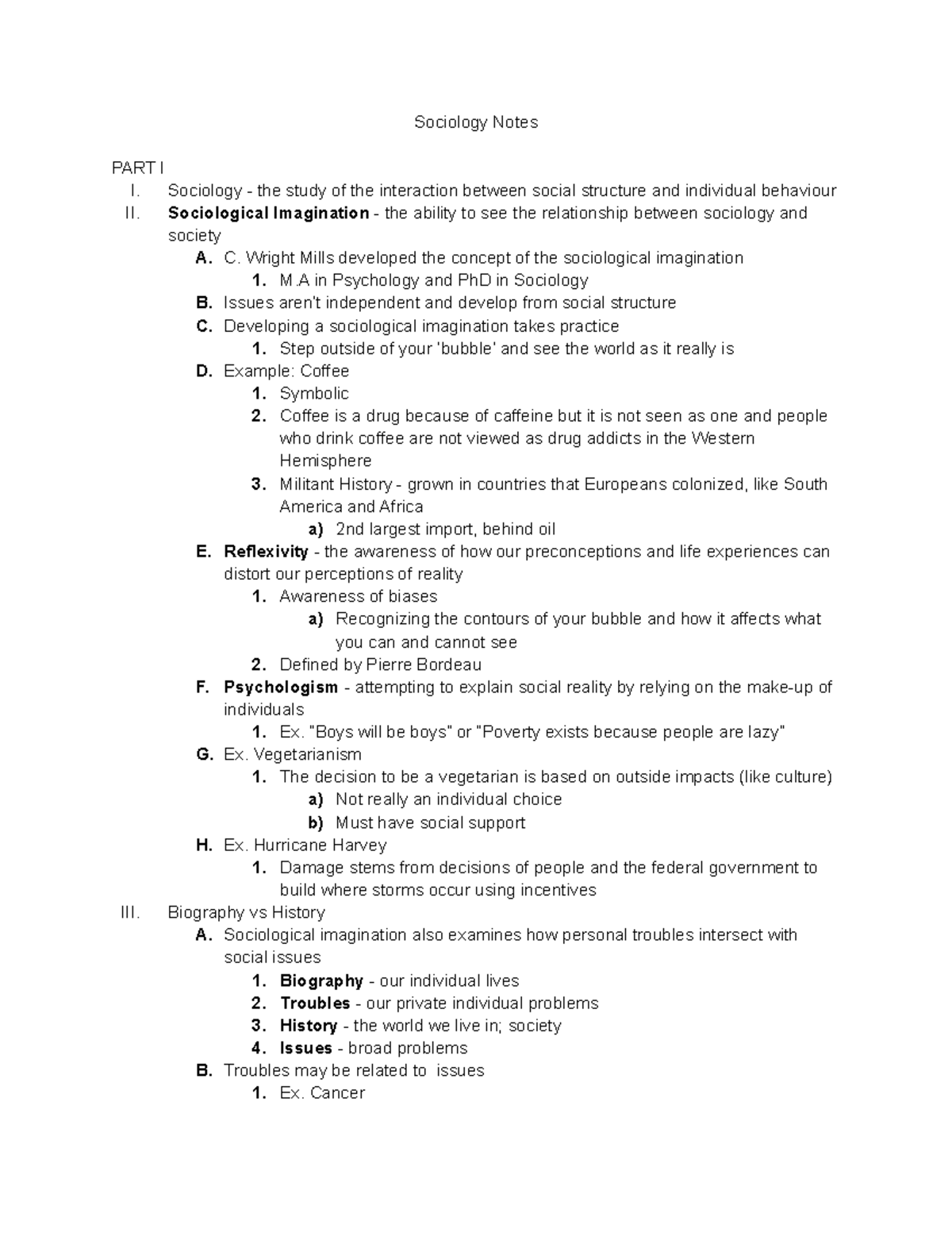 Soc001 Notes pt1 - Sociology Notes PART I I. Sociology - the study of ...
