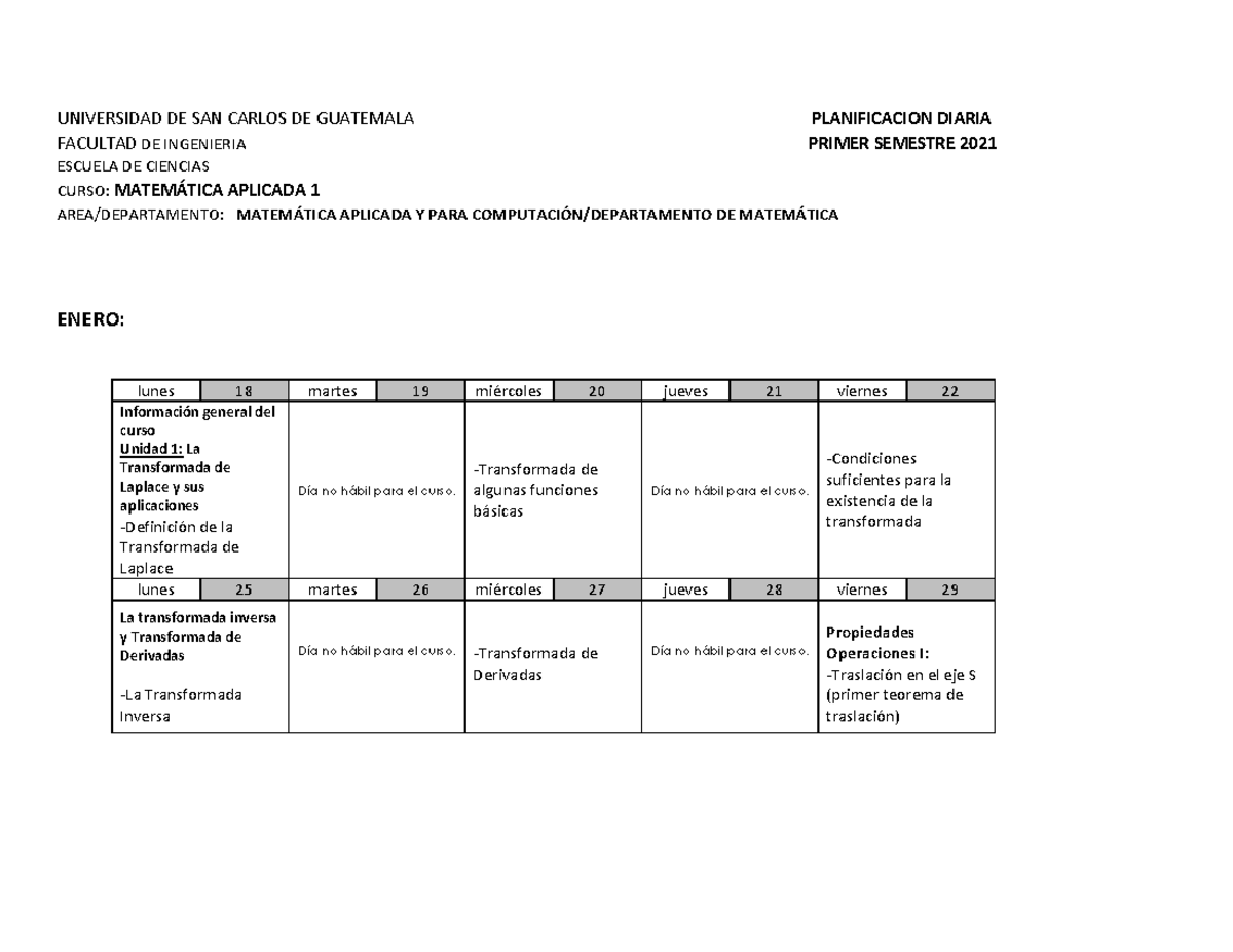 Planificaci¢n Diaria Matem tica Aplicada 1 - UNIVERSIDAD DE SAN CARLOS DE GUATEMALA ...
