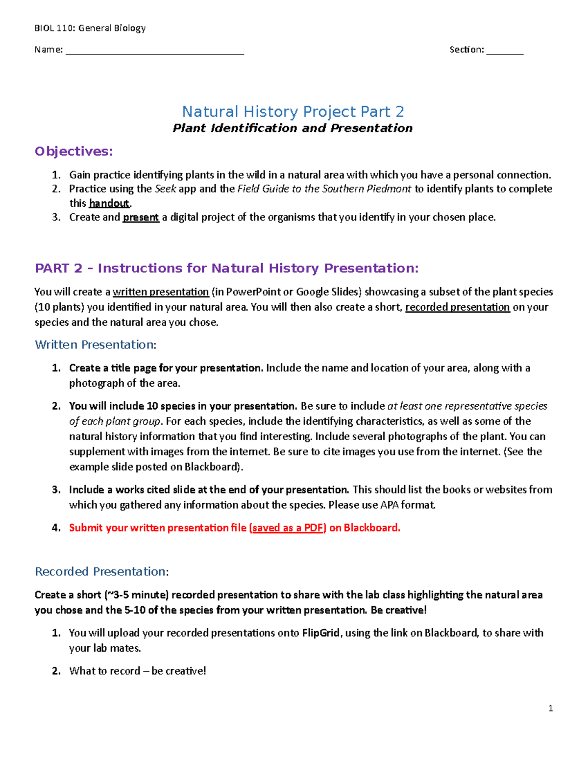 Lab Handout-Natural History Project S23 Part 2 - BIOL 110: General ...
