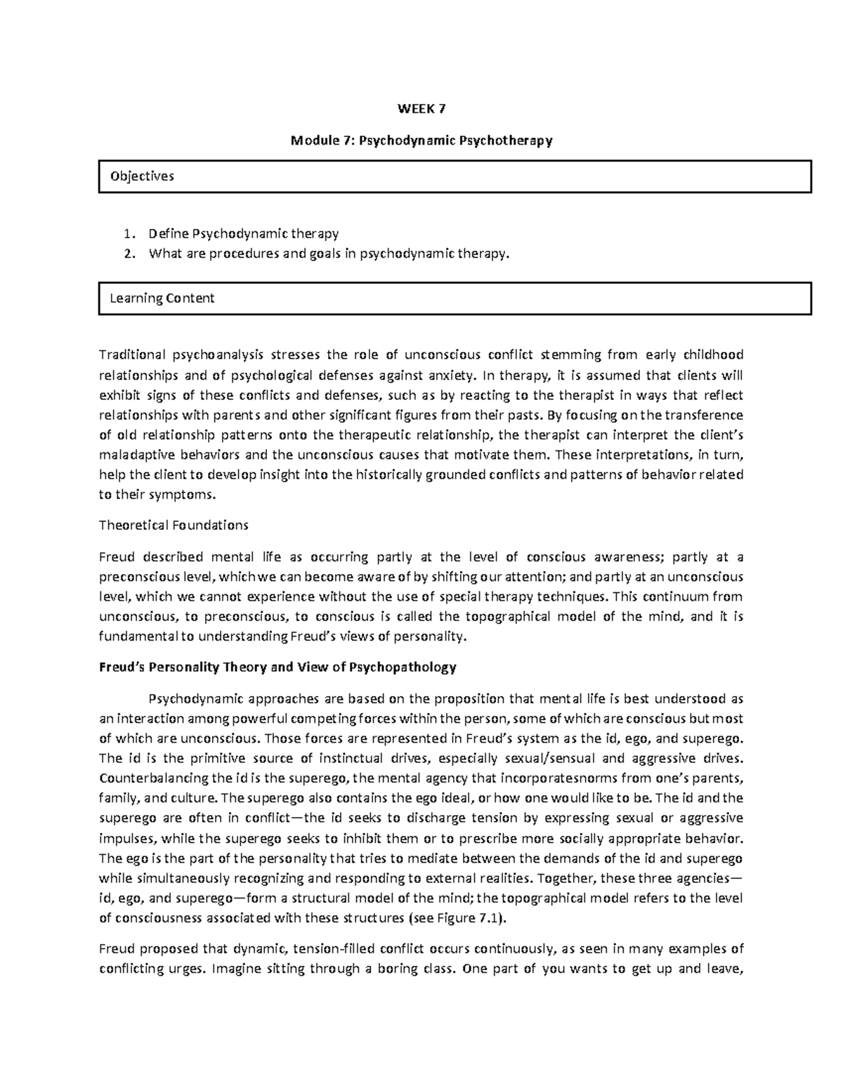 Week 4 - Psychodynamic Psychotherapy - WEEK 7 Module 7: Psychodynamic ...