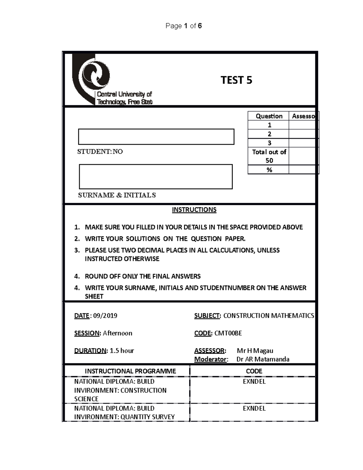 Test 5 2019 CMTfinal - class practical - TEST 5 INSTRUCTIONS 1. MAKE ...