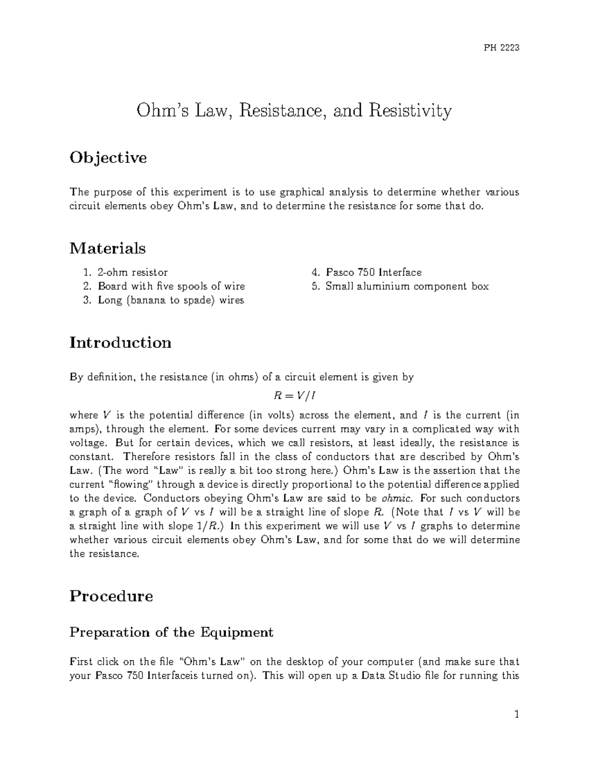 Ohms Law - Lecture notes e - PH Law, Resistance, and Resistivity ...