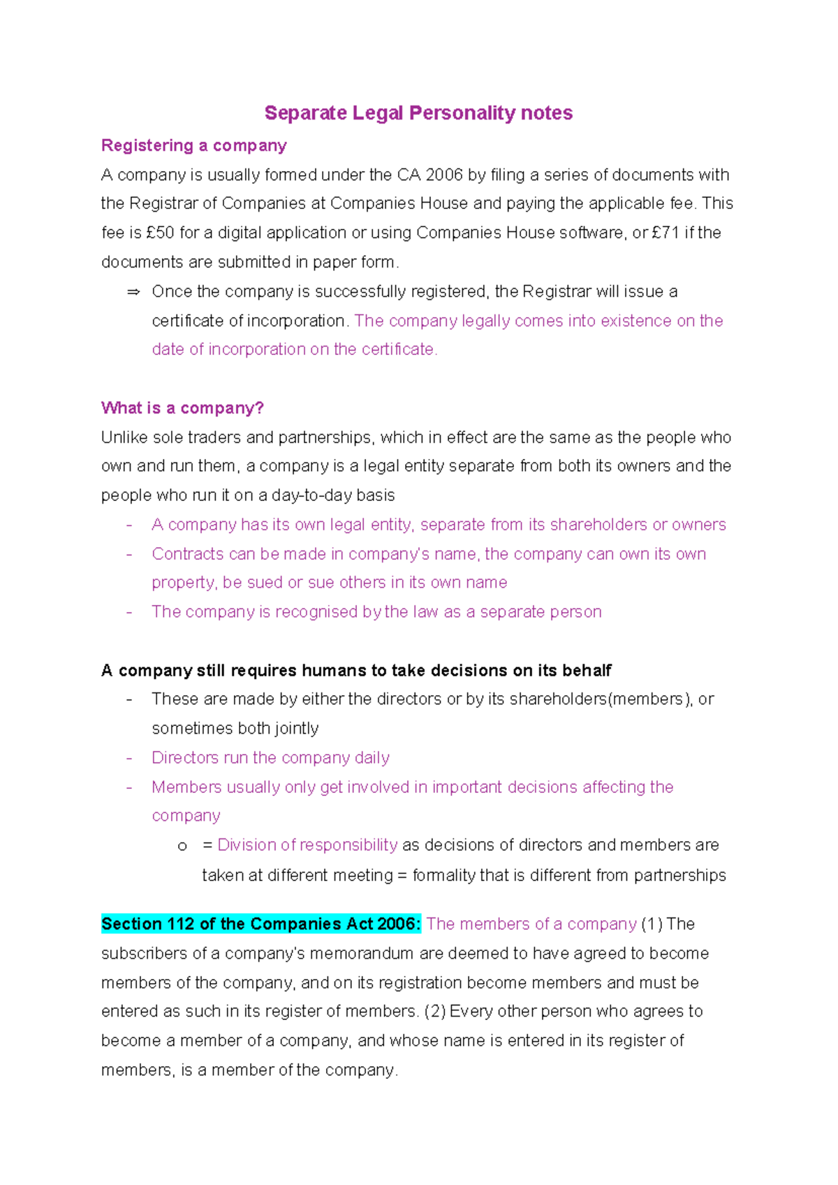 W2 Separate Legal Personality notes - 7525BEHK - LJMU - Studocu