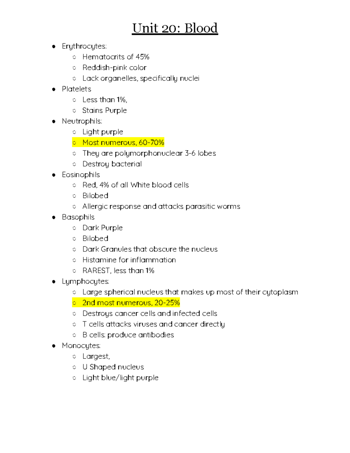 Practice Material Review of Unit 20 Blood - Unit 20: Blood Erythrocytes ...